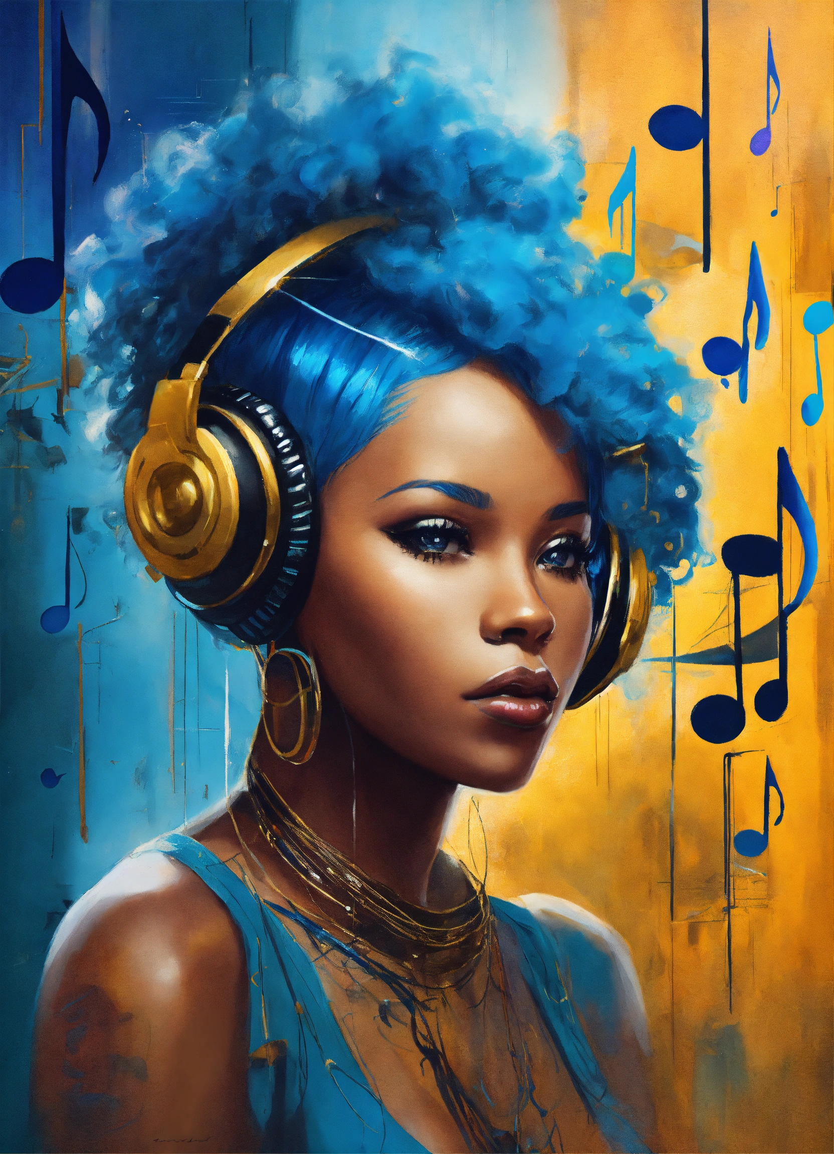 Lexica - A beautiful woman with blue hair and music notes, an airbrush ...