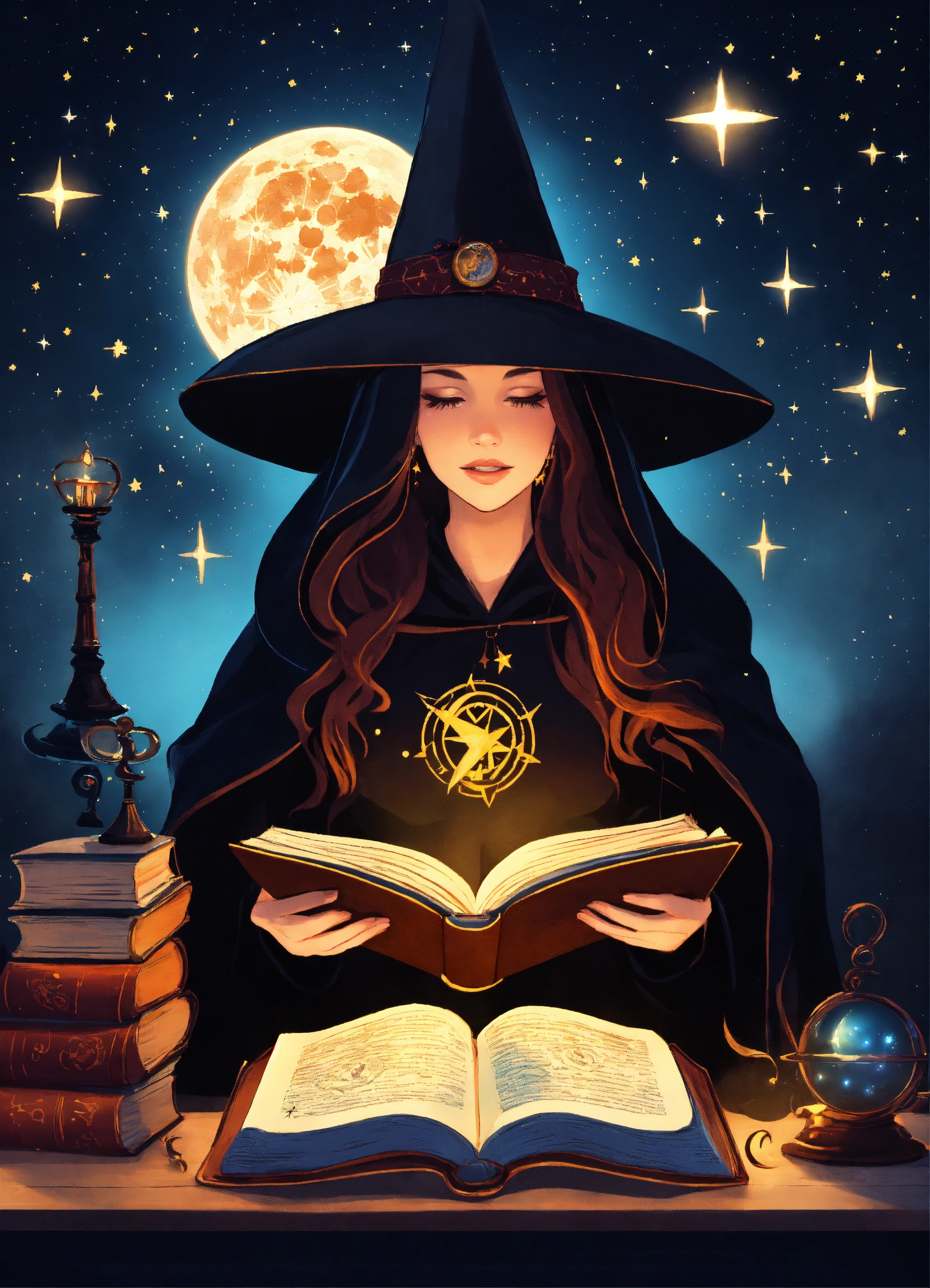 Lexica - Mysterious witch wearing a black hat and cloak, reading a ...