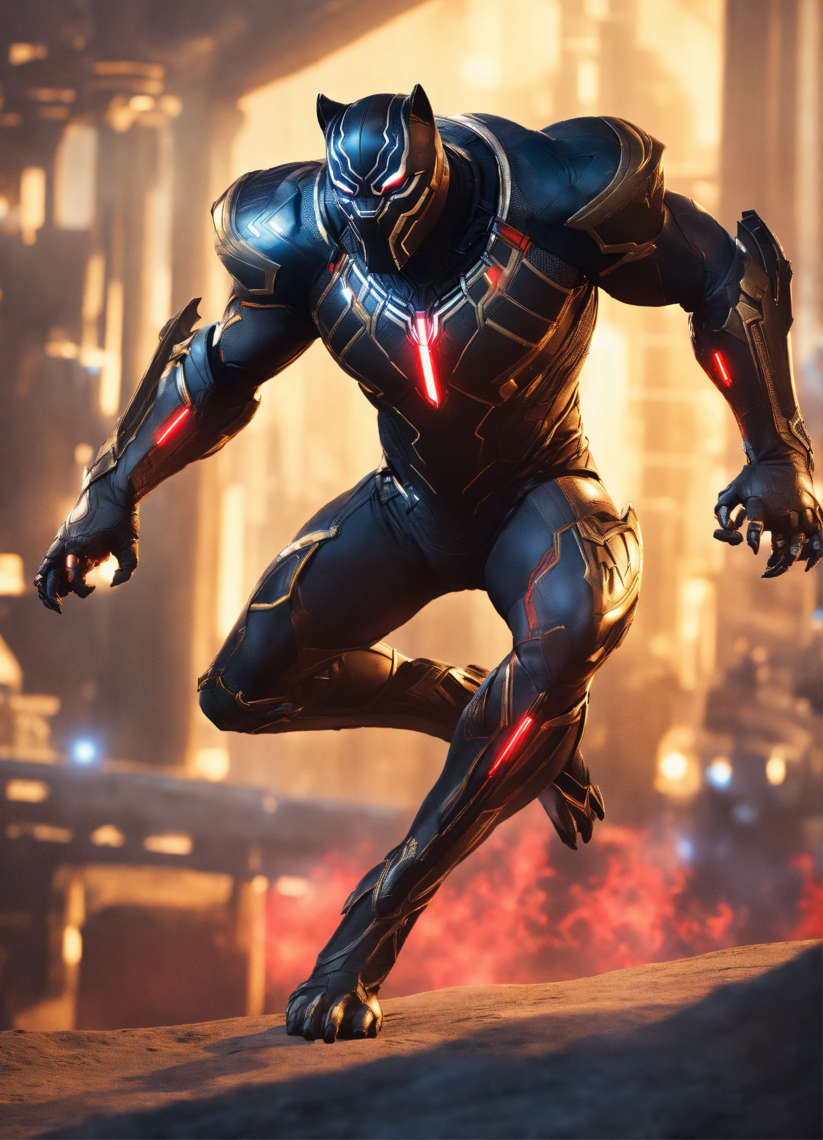 Lexica - Full-body posed black panther Warframe with red laser eyes