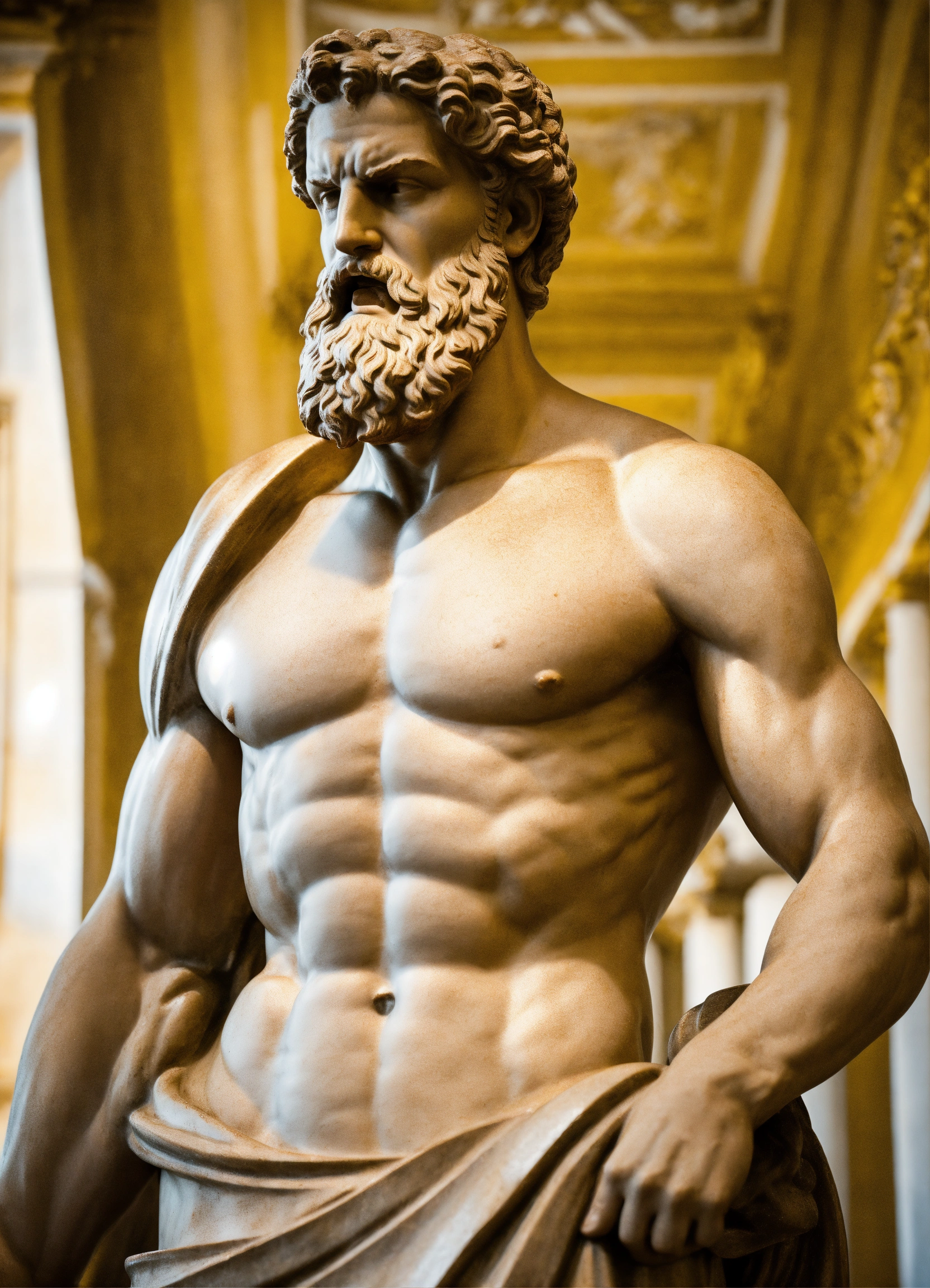 Lexica - Greek statue strong man with beard aggressive expression forward