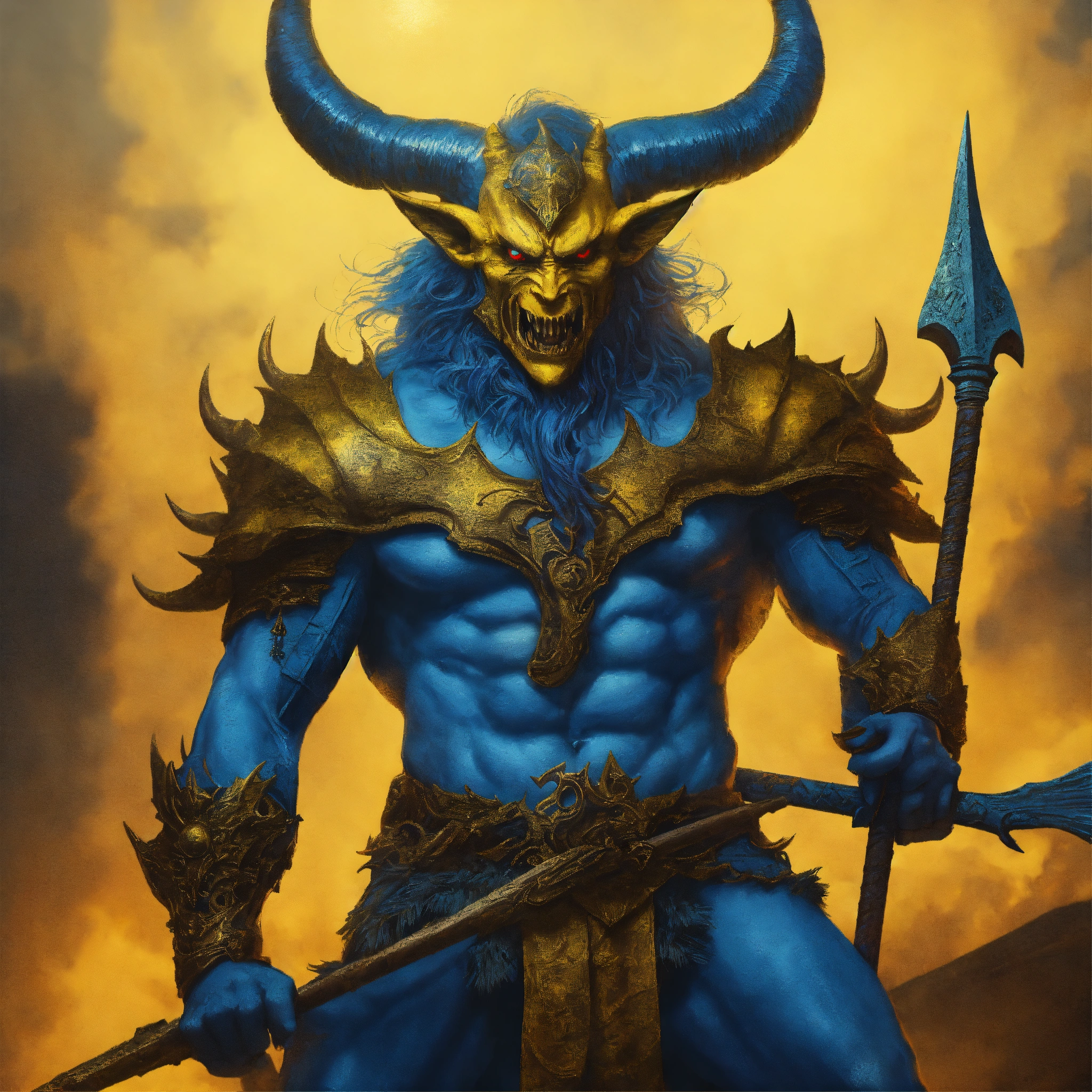 Lexica - Evil demonic yellow and blue devil, holding a trident, ominous ...