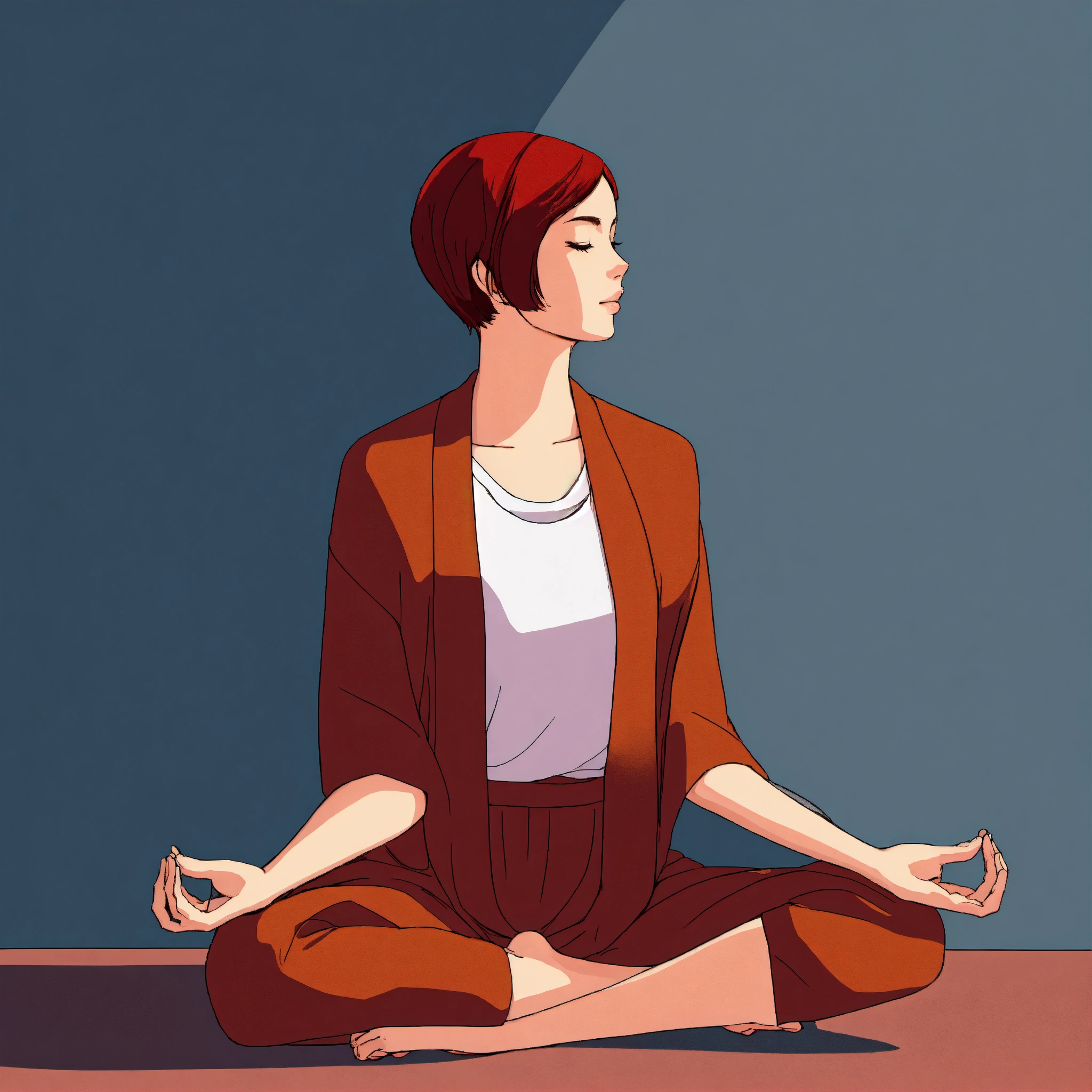 Lexica - Woman with red-brown straight short hair, meditating, side ...