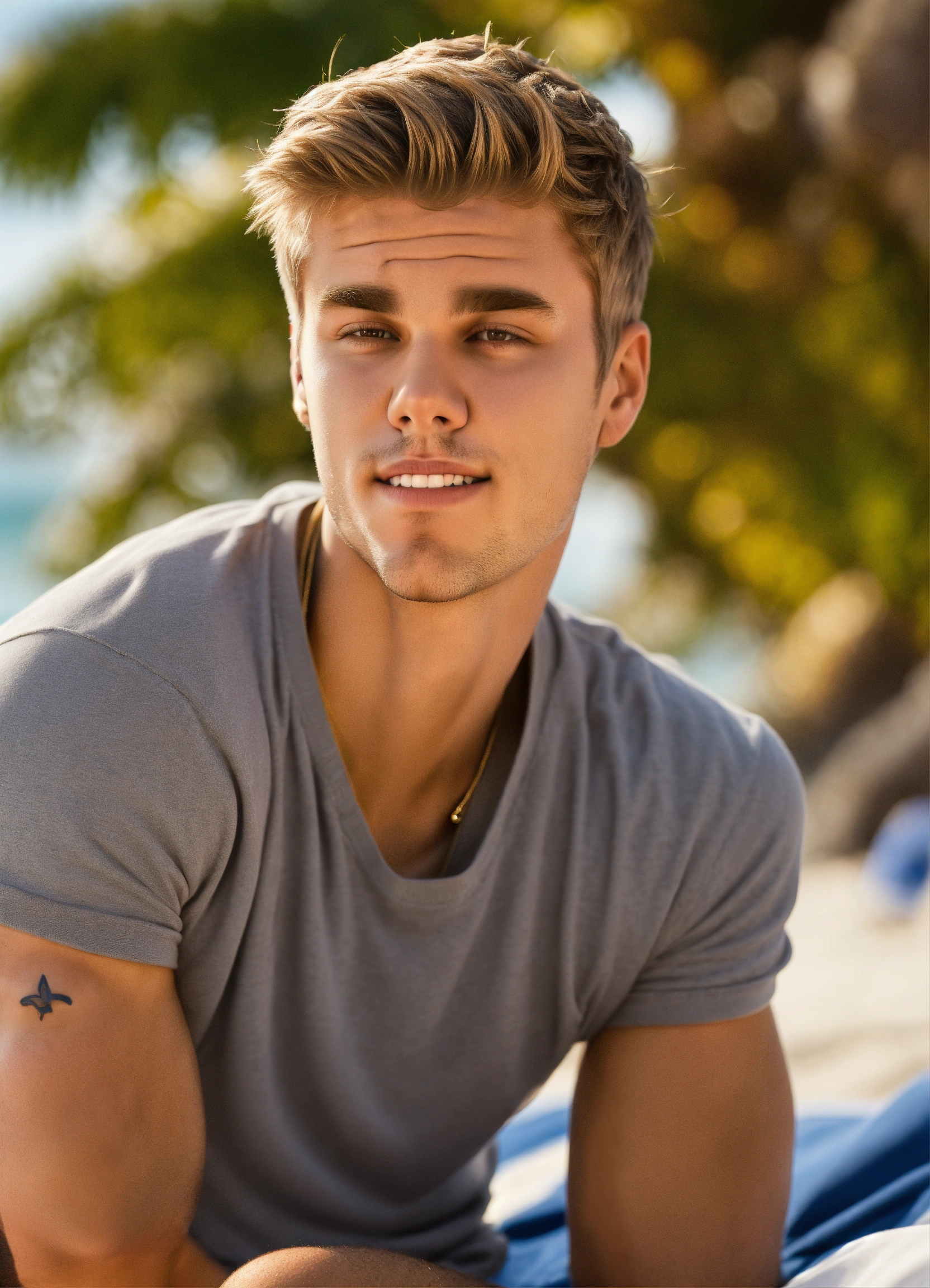 Lexica - Photo of cleanshaven Bieber lounging on the beach, smirking ...