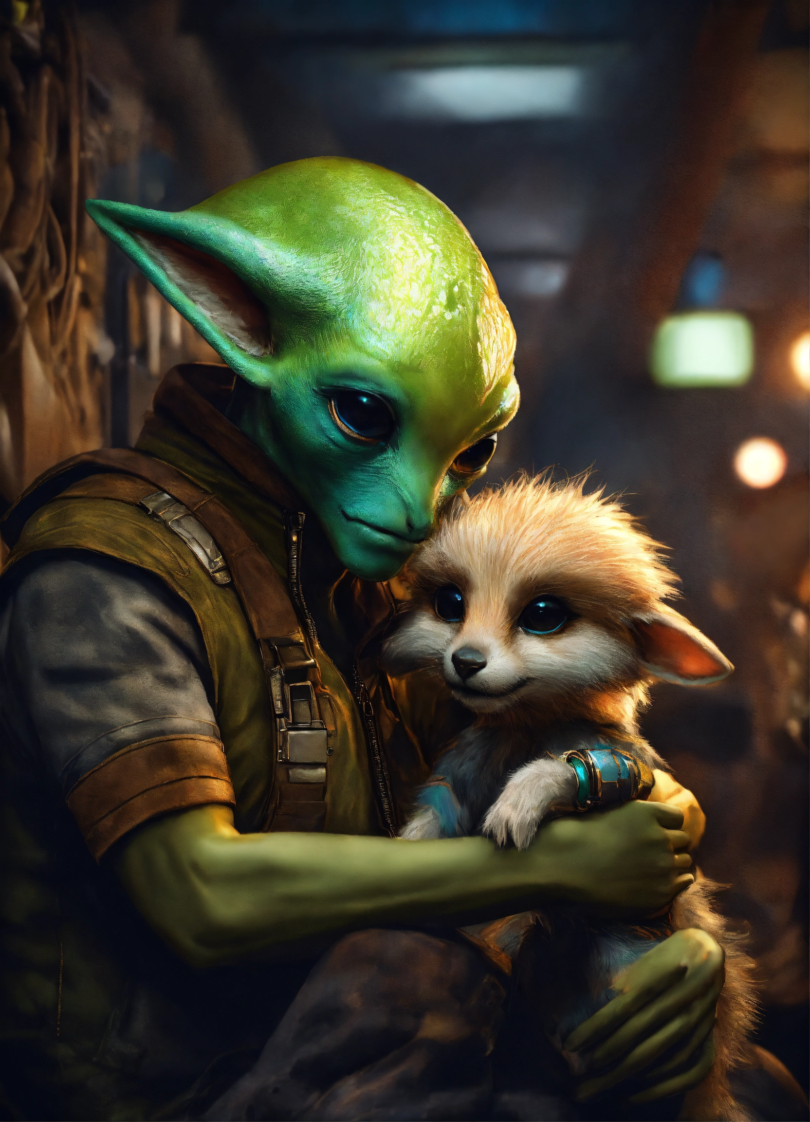 Lexica - Furry alien embracing a human male. photorealism