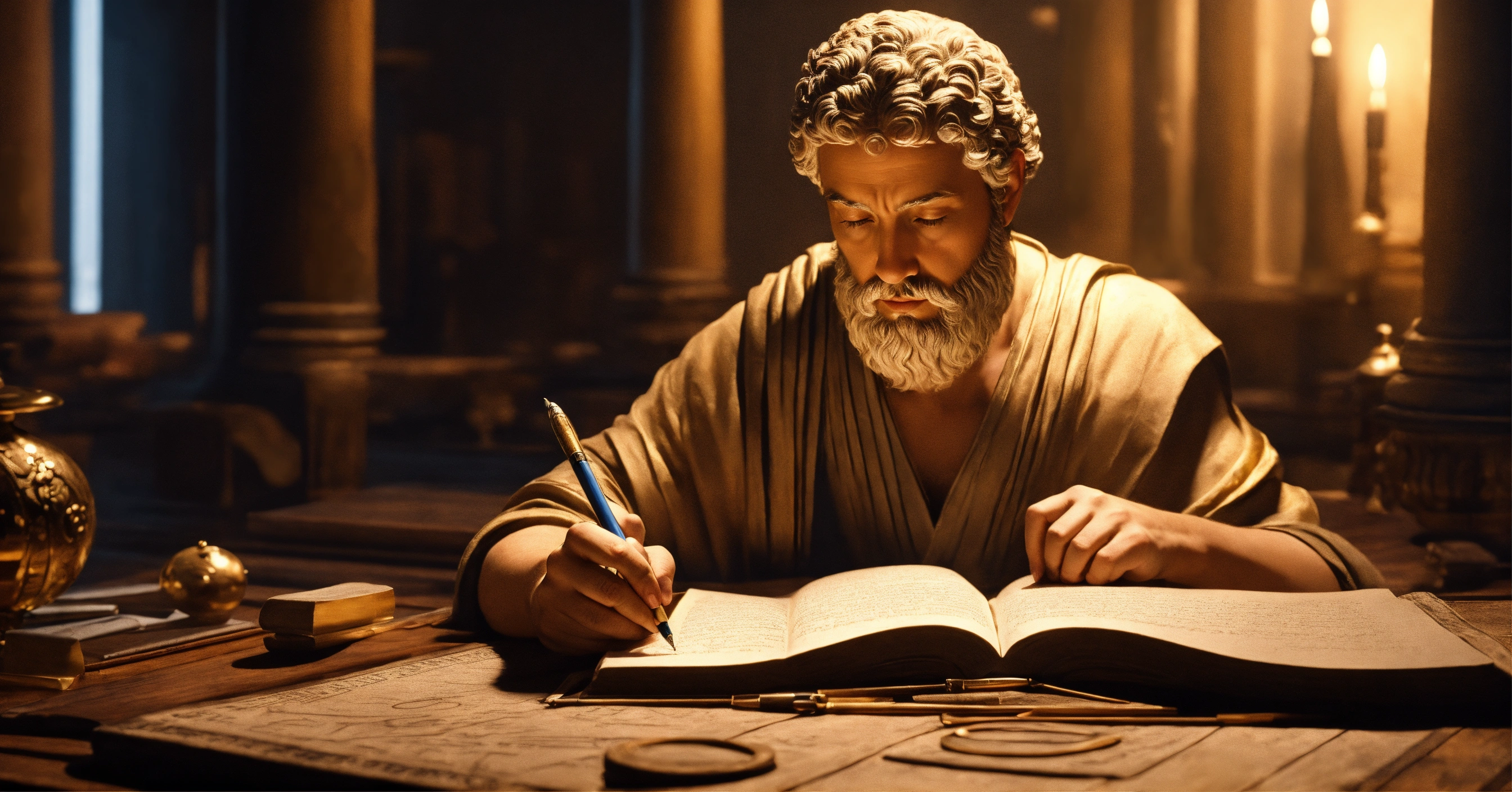 Lexica - Ancient stoic, learning, writing, on a table,accumulates facts ...