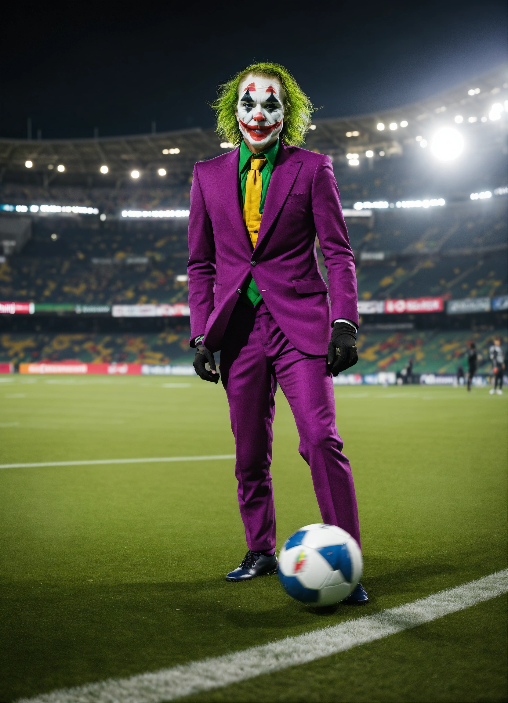 Lexica - Joker playing football in stadium clear camera focus