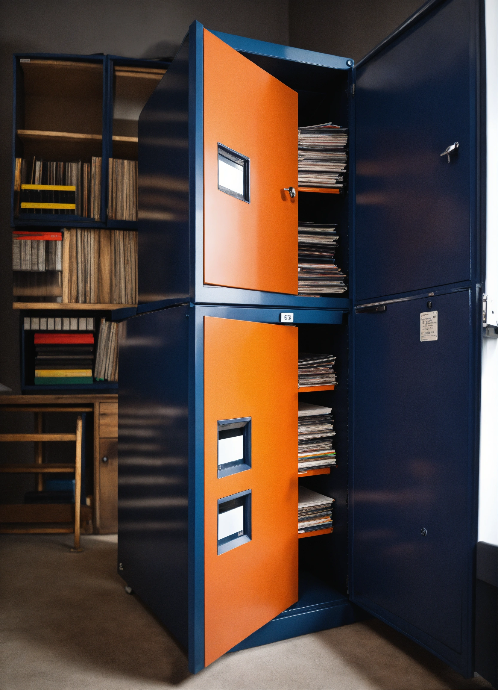 Lexica - Private records filing cabinet dark blue and burnt orange colour