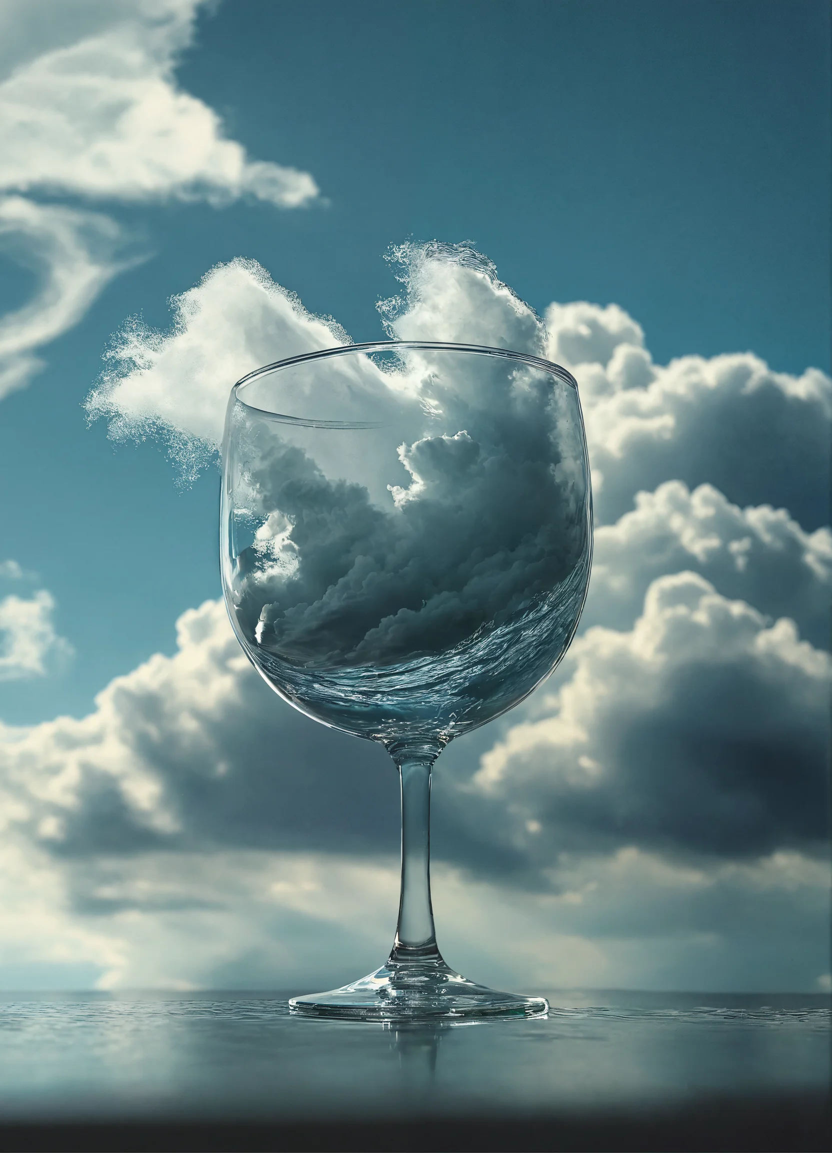 Lexica - A cloud gets sucked into an empty glass, turning into a wave ...