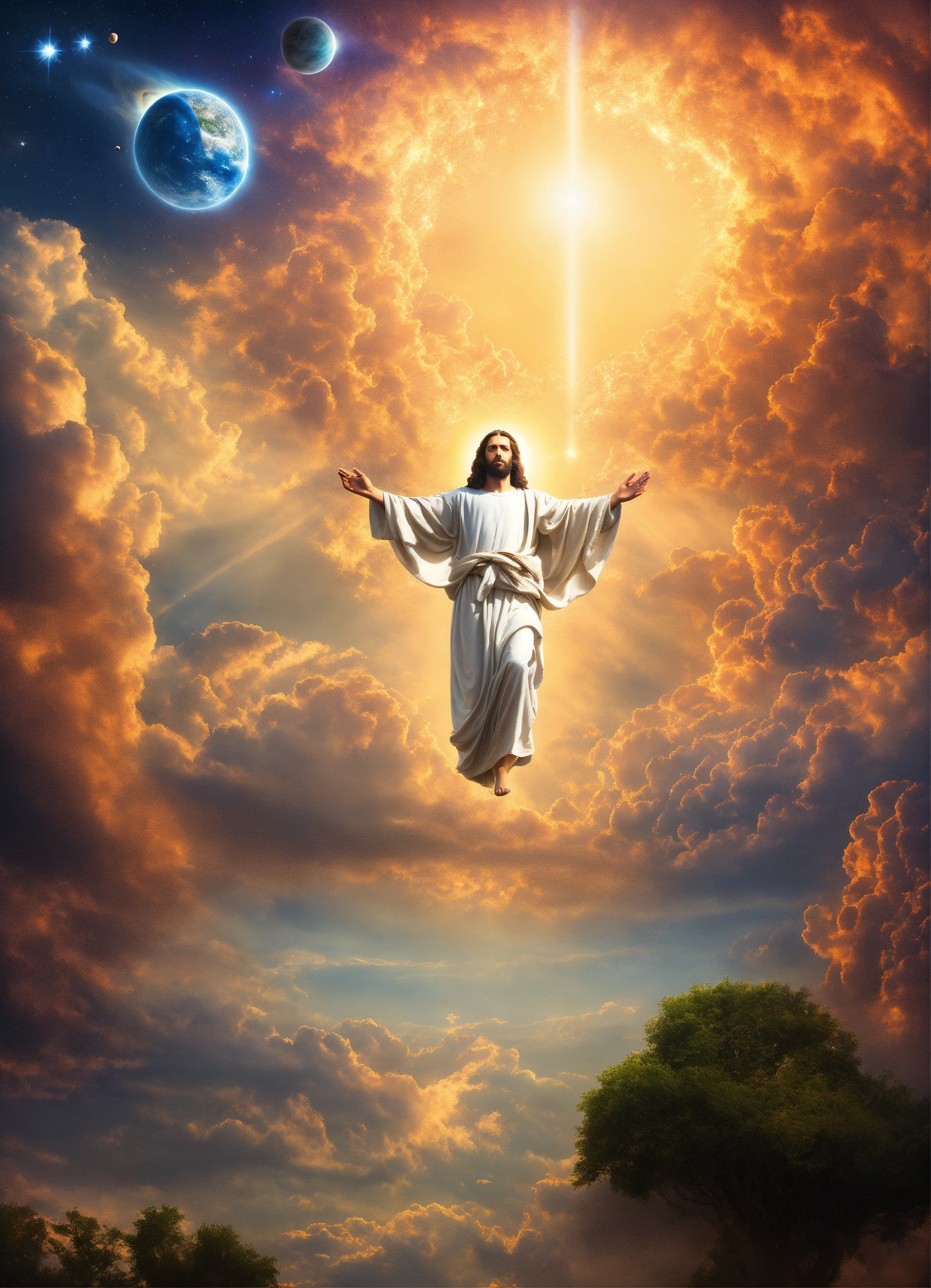 Lexica - A beautiful sky with Jesus descending from the clouds. Planets ...