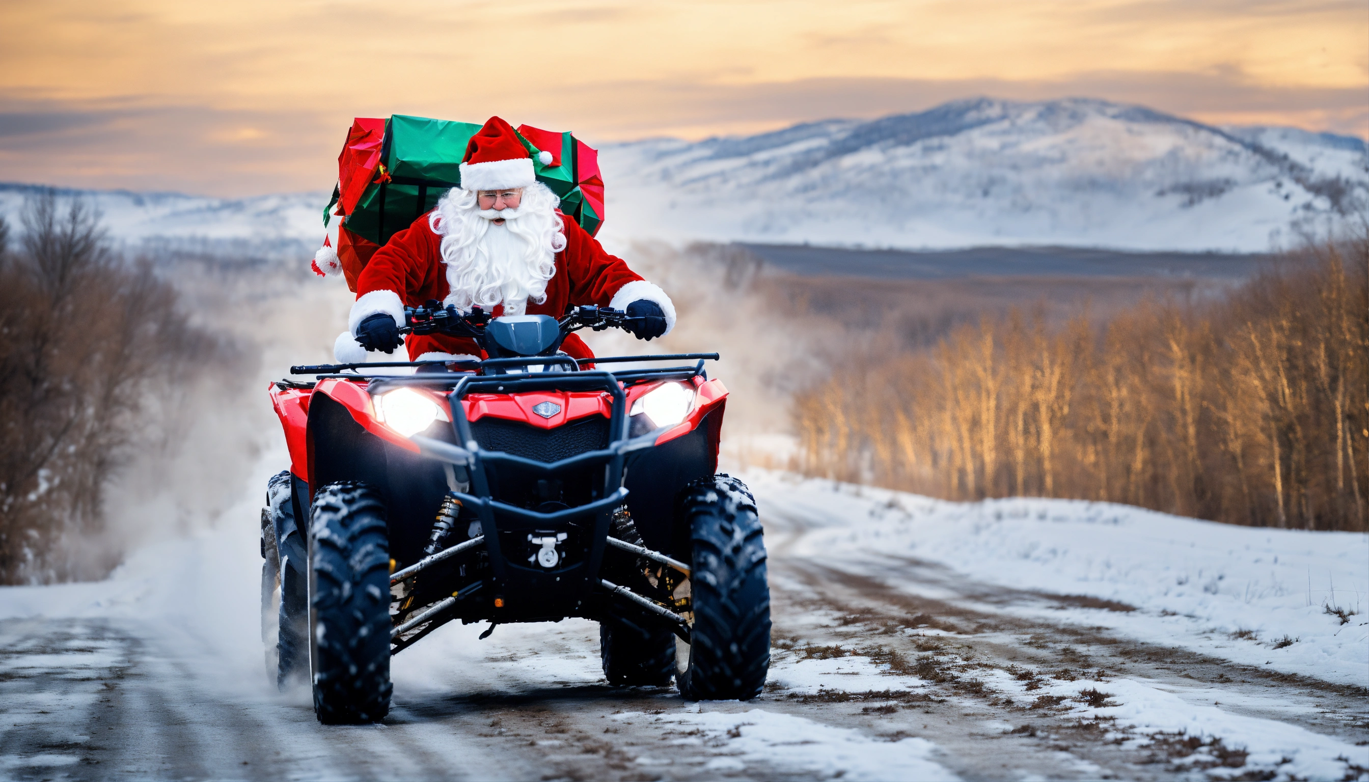 Lexica - Santa Claus with a bag of gifts rides along a snowy road on an ...