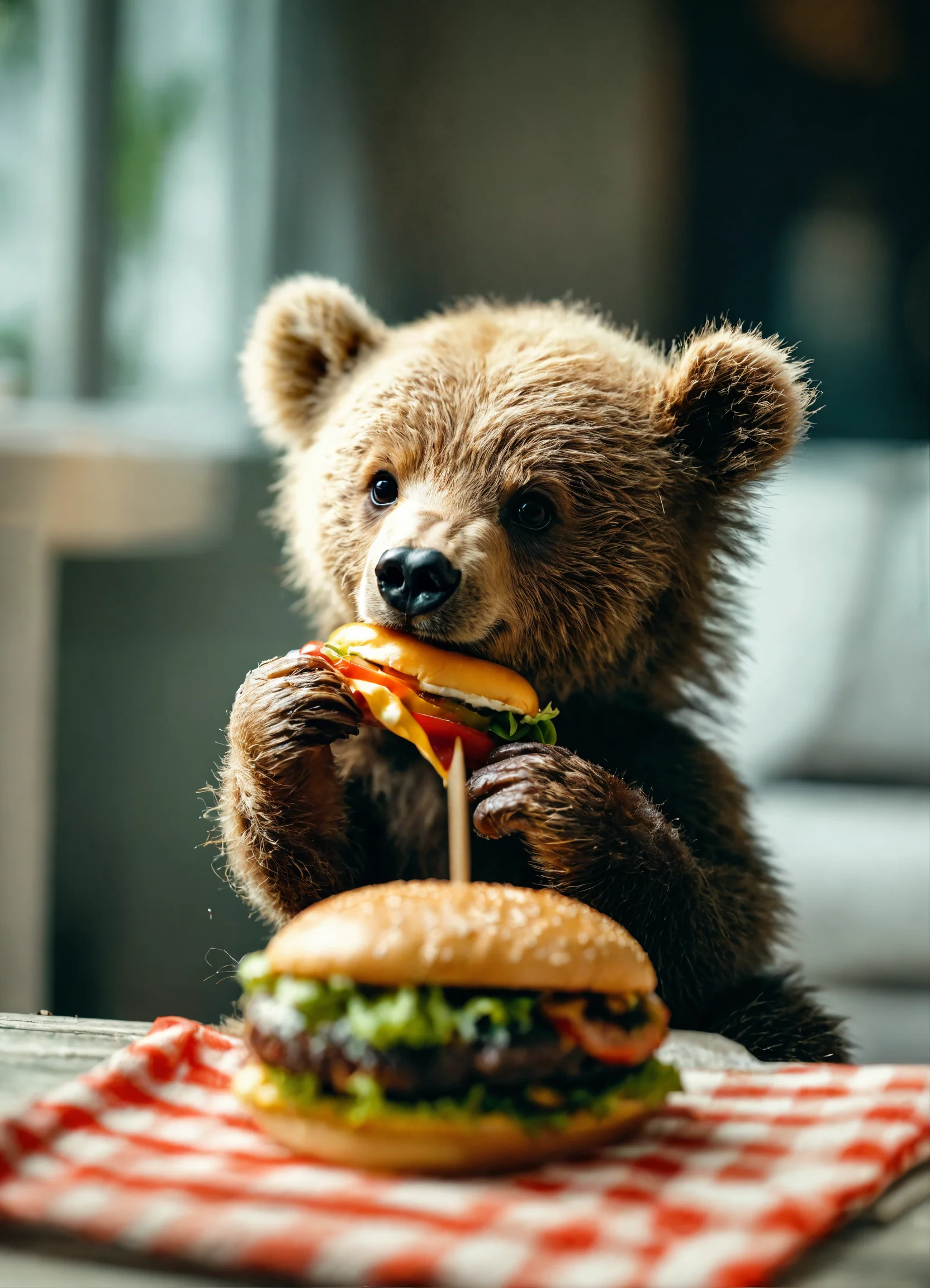 Lexica - A cute baby bear eating big burger at home. the expression has ...