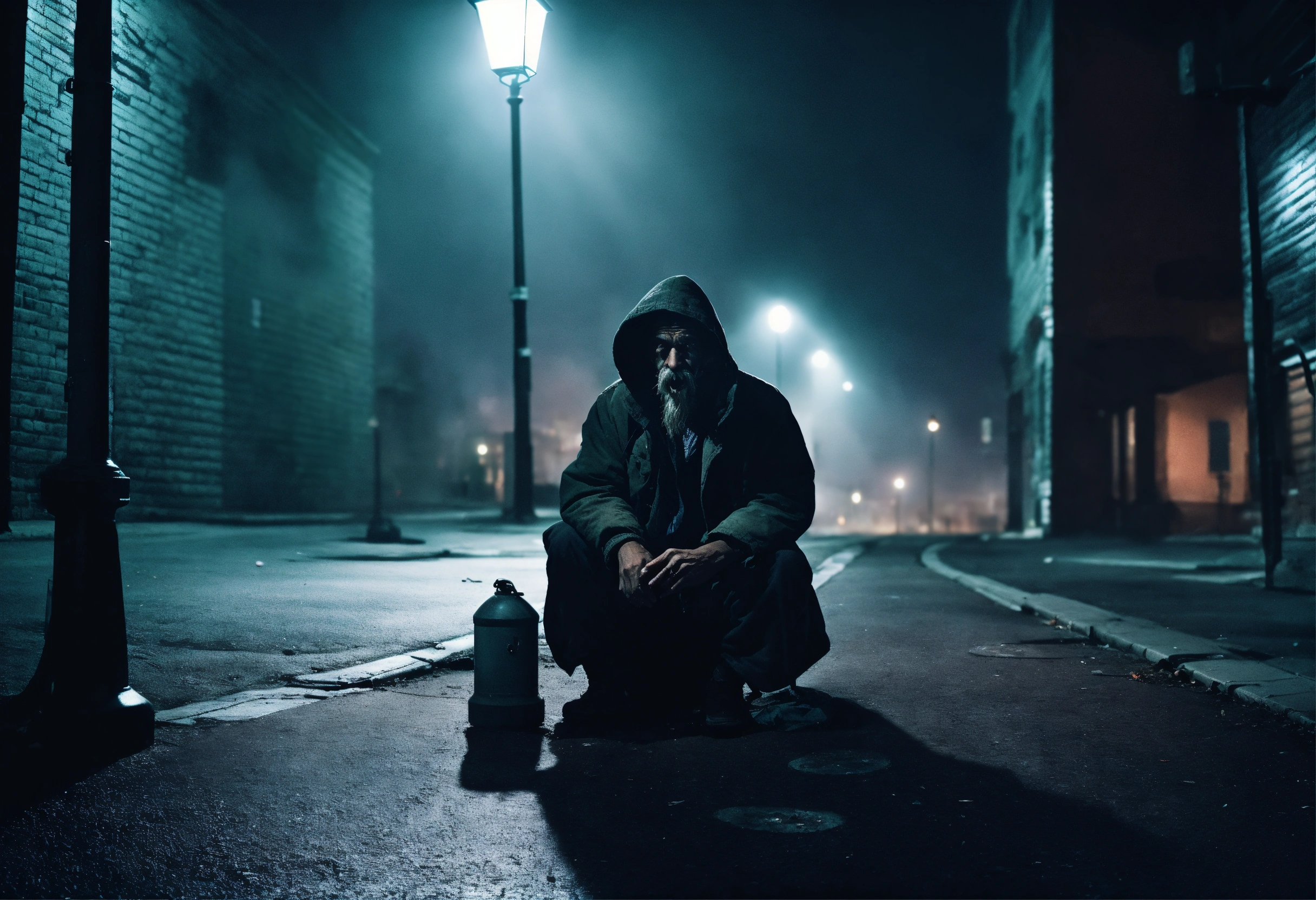 Lexica - An afraid homeless person, sitting down under a street light ...