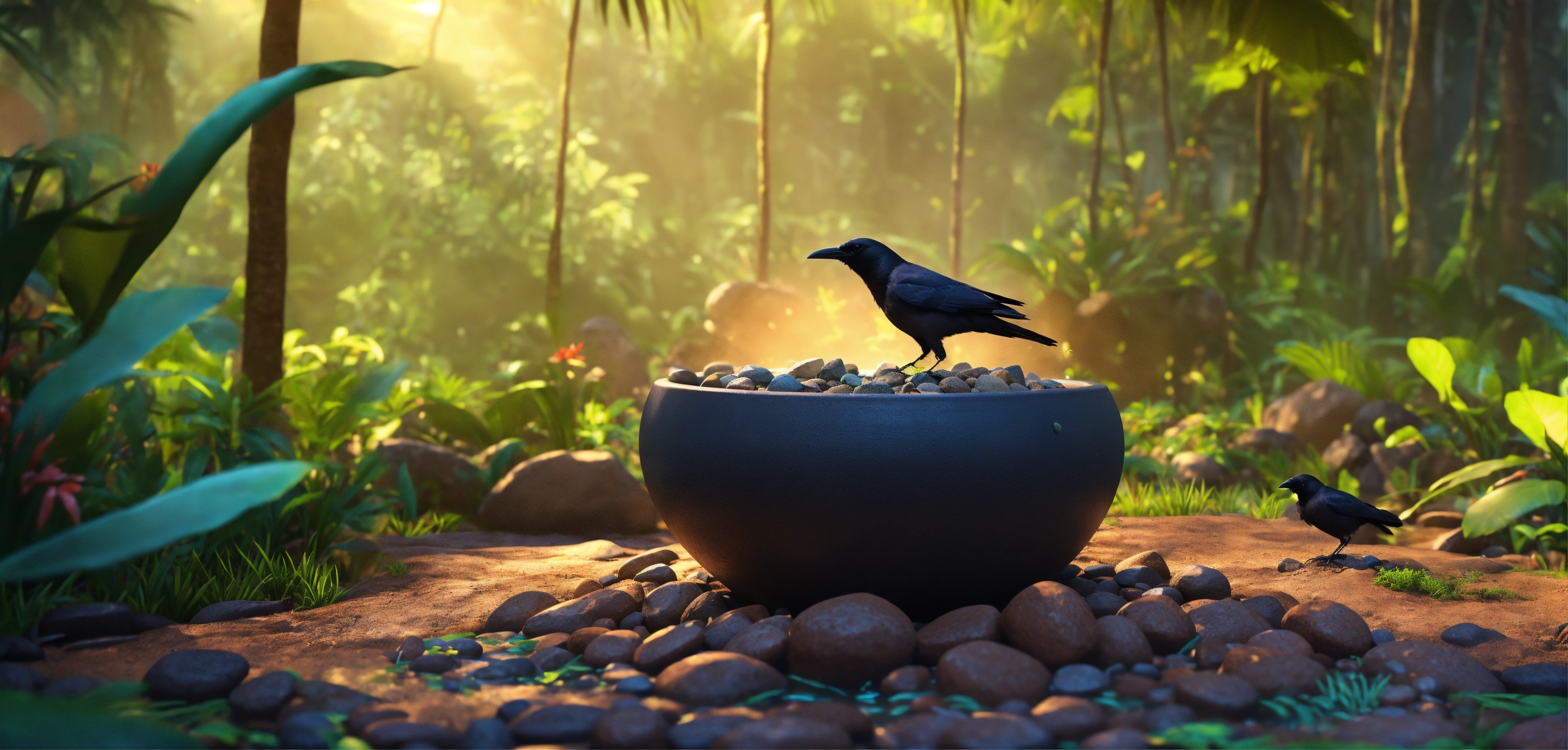 Lexica - 3d animation style crow putting stone in big deep clay pot ...
