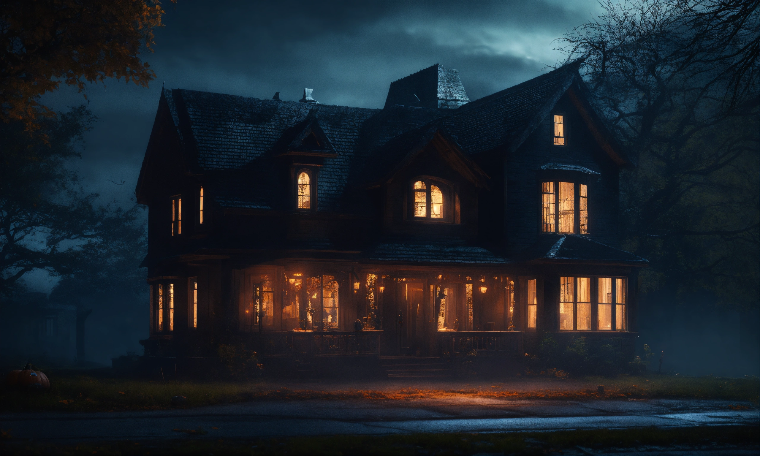 Lexica - Spooky dark modern home incorner of street at night; in ...