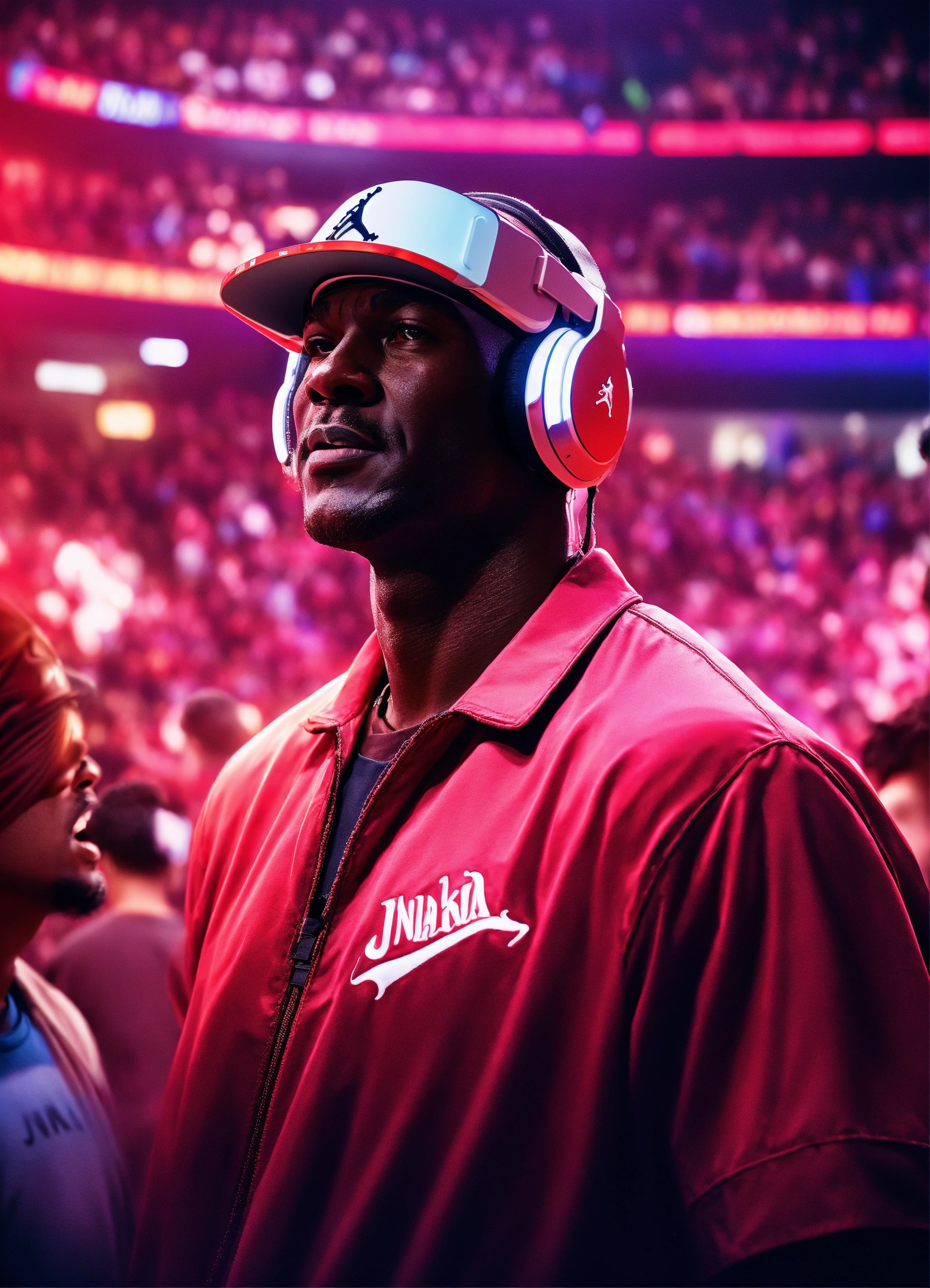 Lexica - Michael Jordan immersed in a virtual reality game, wearing a ...