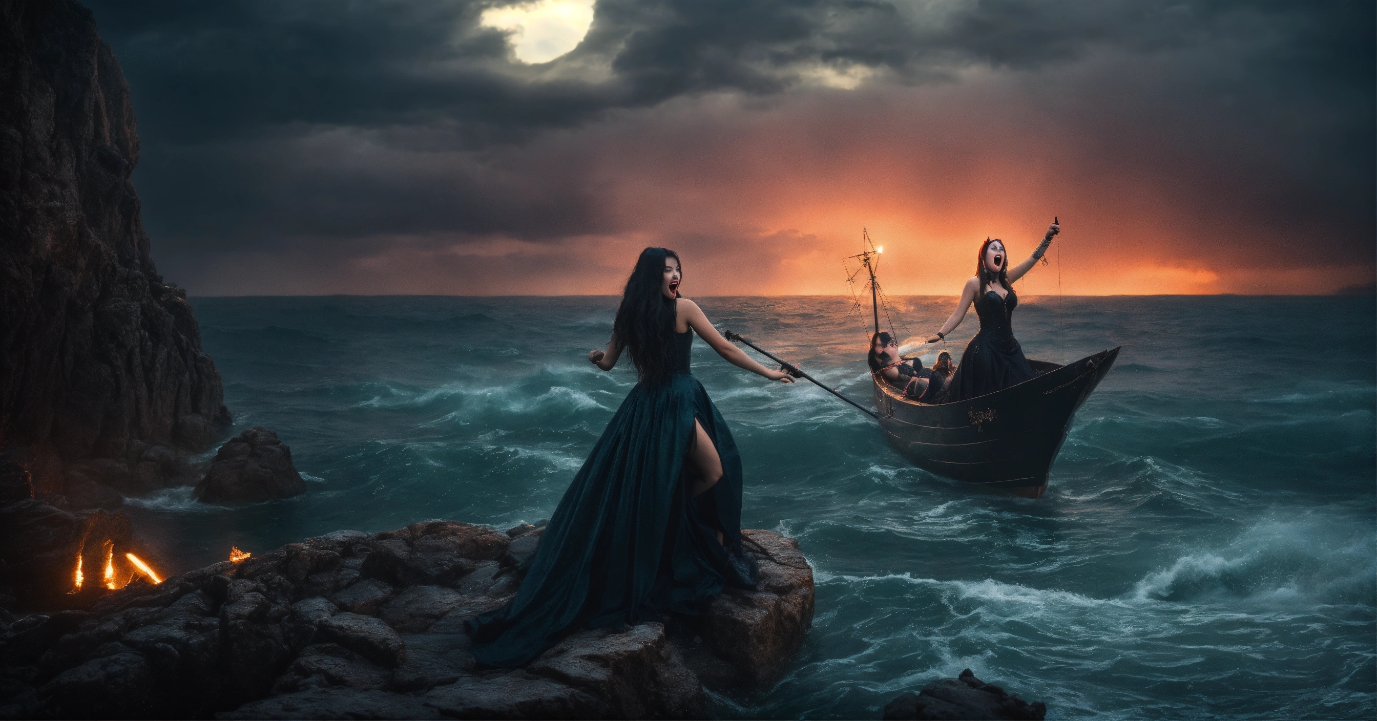 Lexica - Create a 4k detailed photo of two evil sirens singing at a ship. dramatic lighting ...