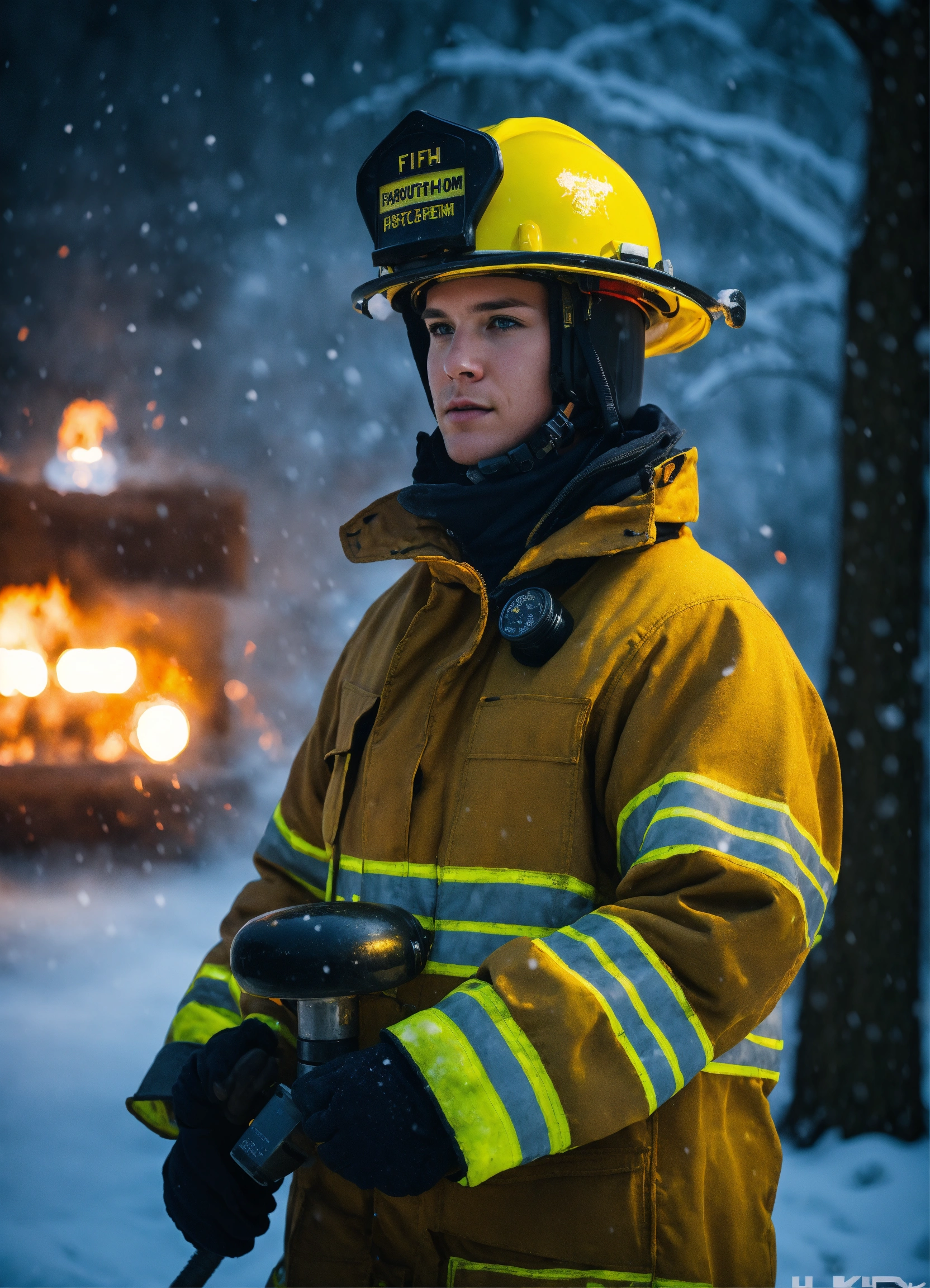 Lexica - A handsome blond firefighter, wearing protective gear, gloves ...
