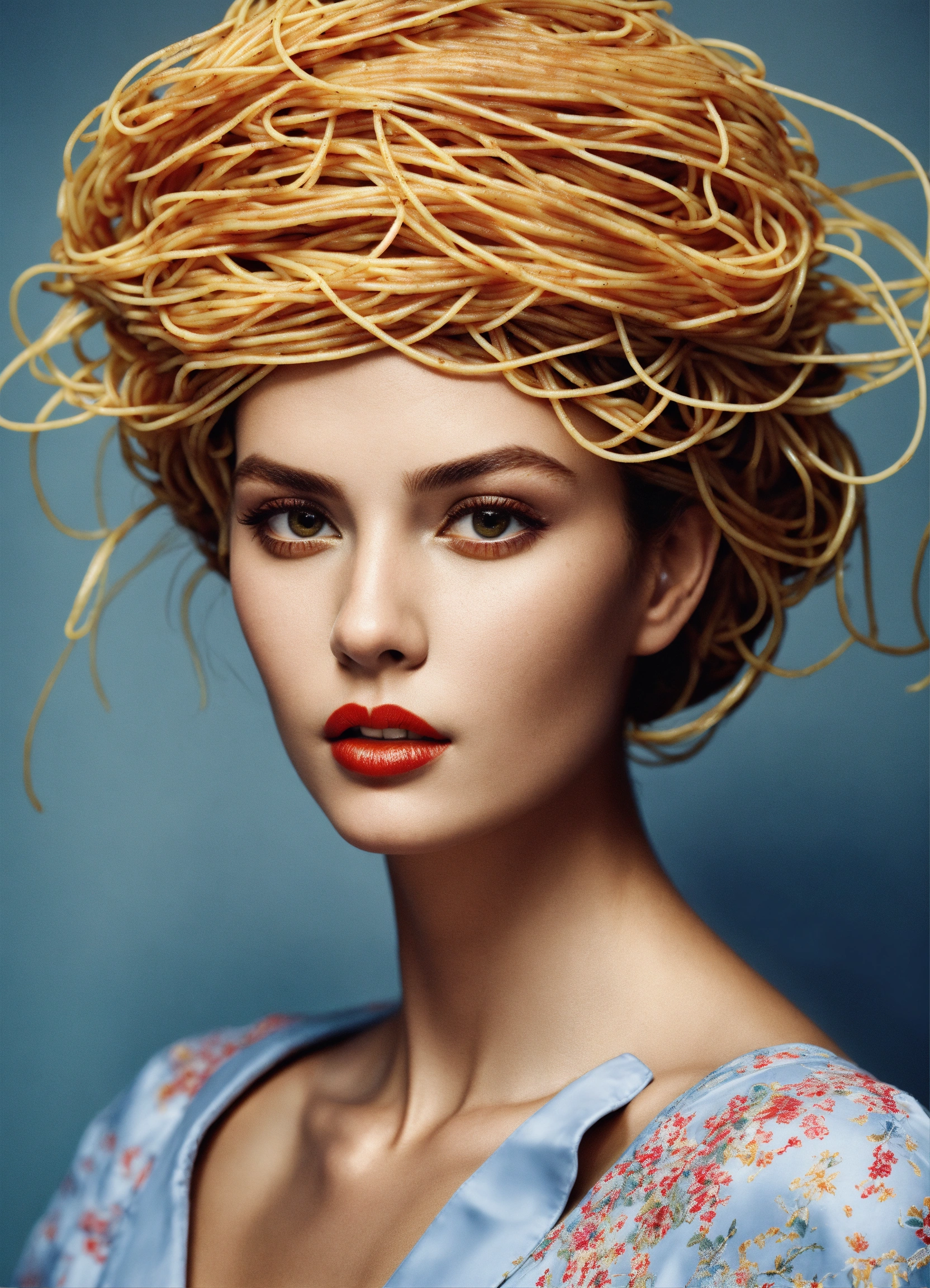 Lexica - Supermodel with spaghetti hair, meatball, cover of vogue