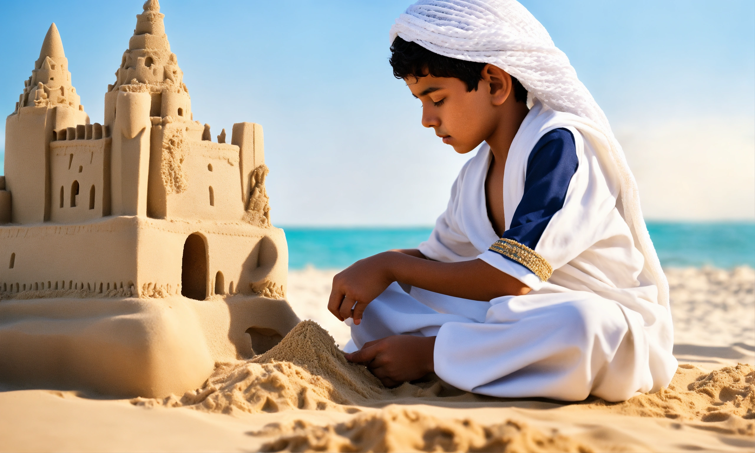 Lexica - Saudi boy sculpting sand castle, close up, beach, white ...