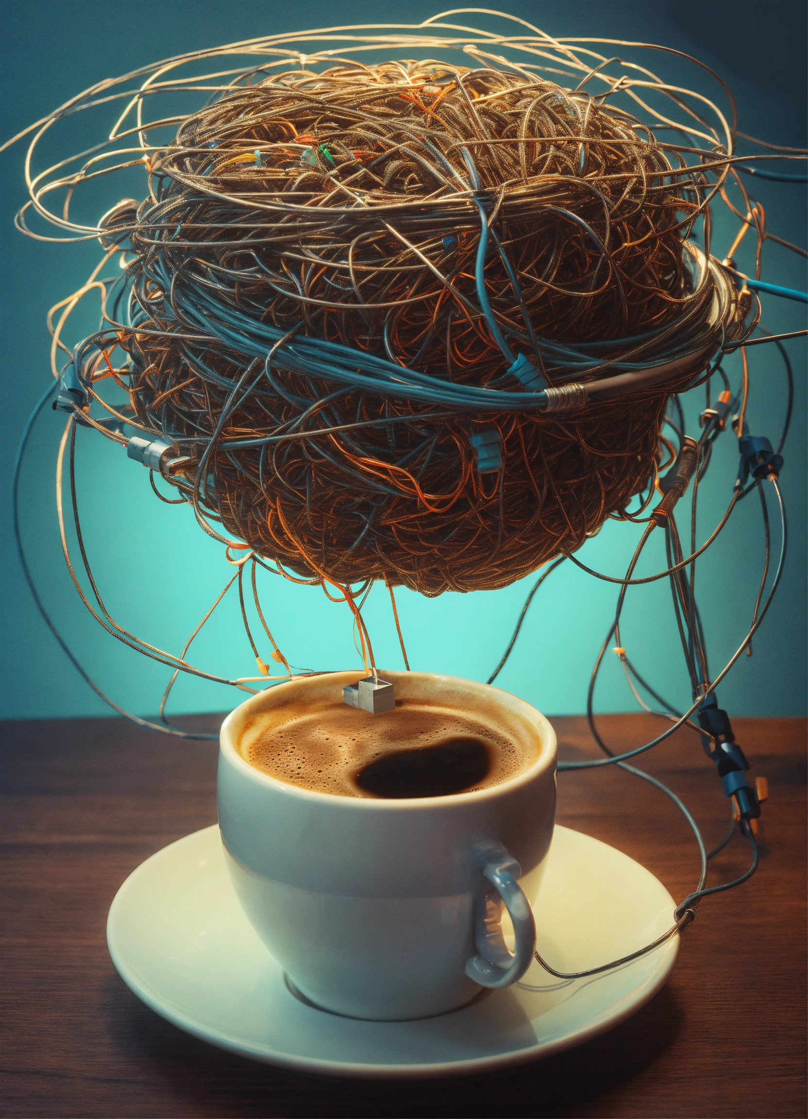 Lexica - A cup of coffee connected to man's head qith full of cable and ...