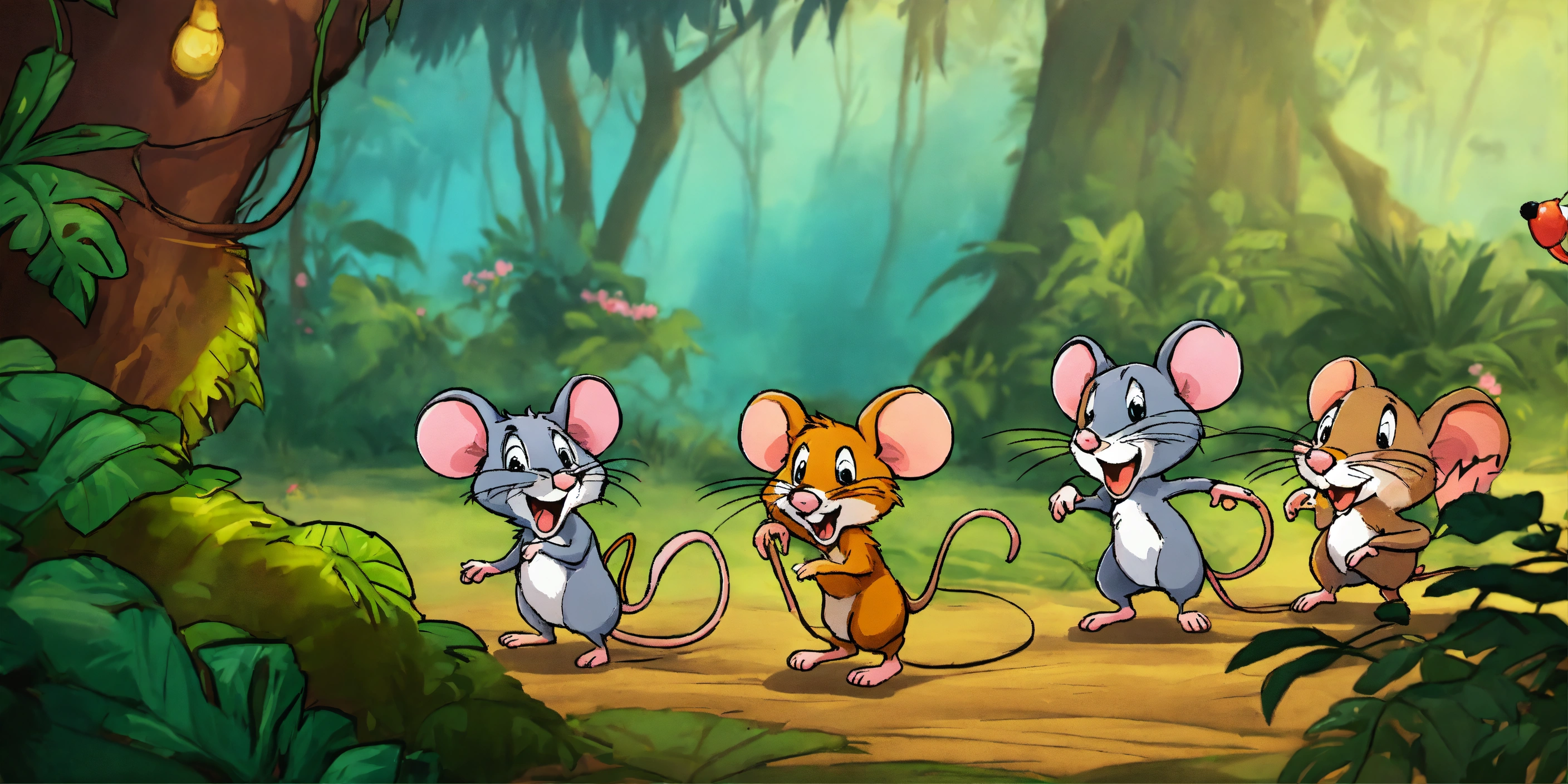 Lexica - Cartoon group of mouse wandering in jungle