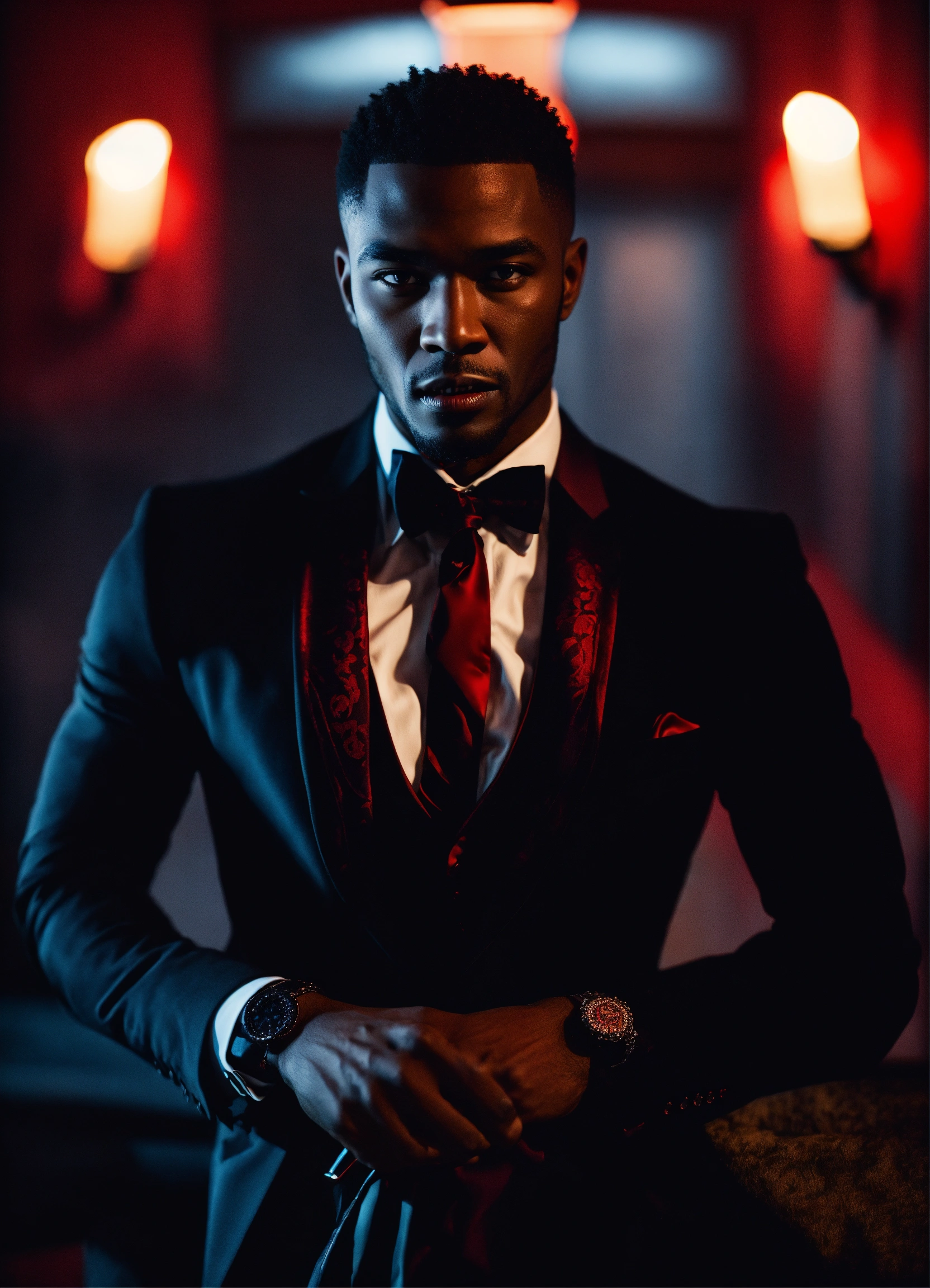 Lexica - Handsome black man, vampire with red eyes, black suit