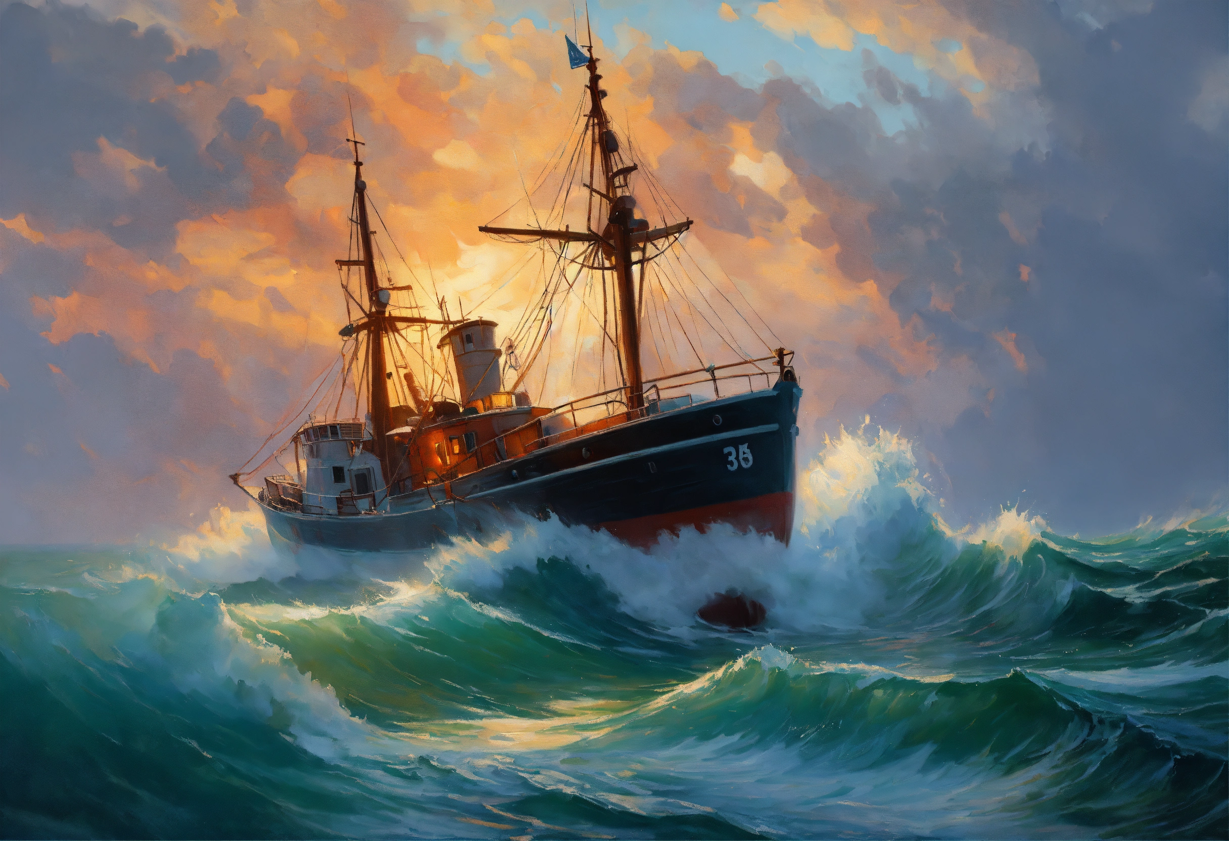 Lexica - Create a painting of a steam fishing trawler on a stormy ocean ...