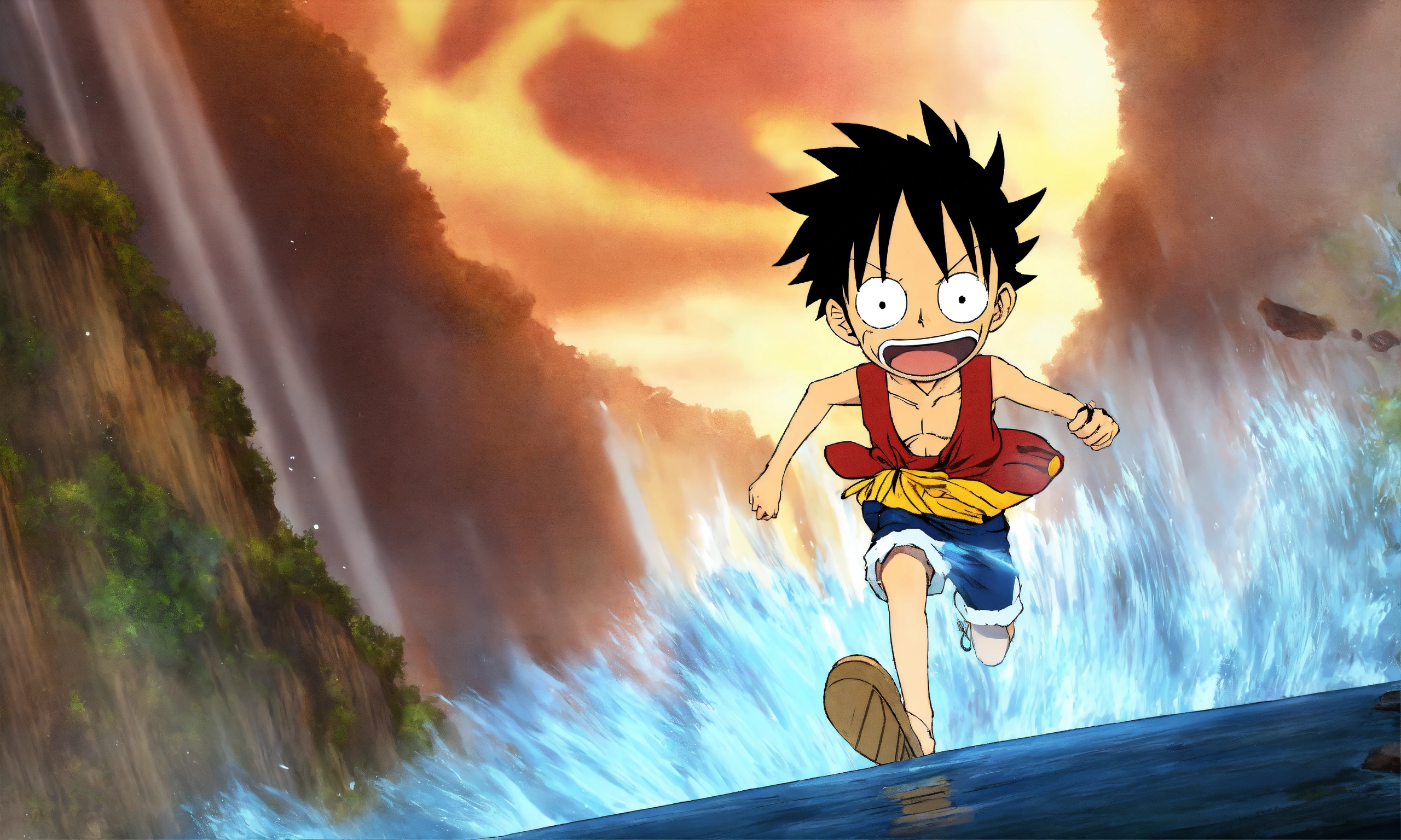 Lexica - Monkey D. Luffy running after a waterfall thats running from him