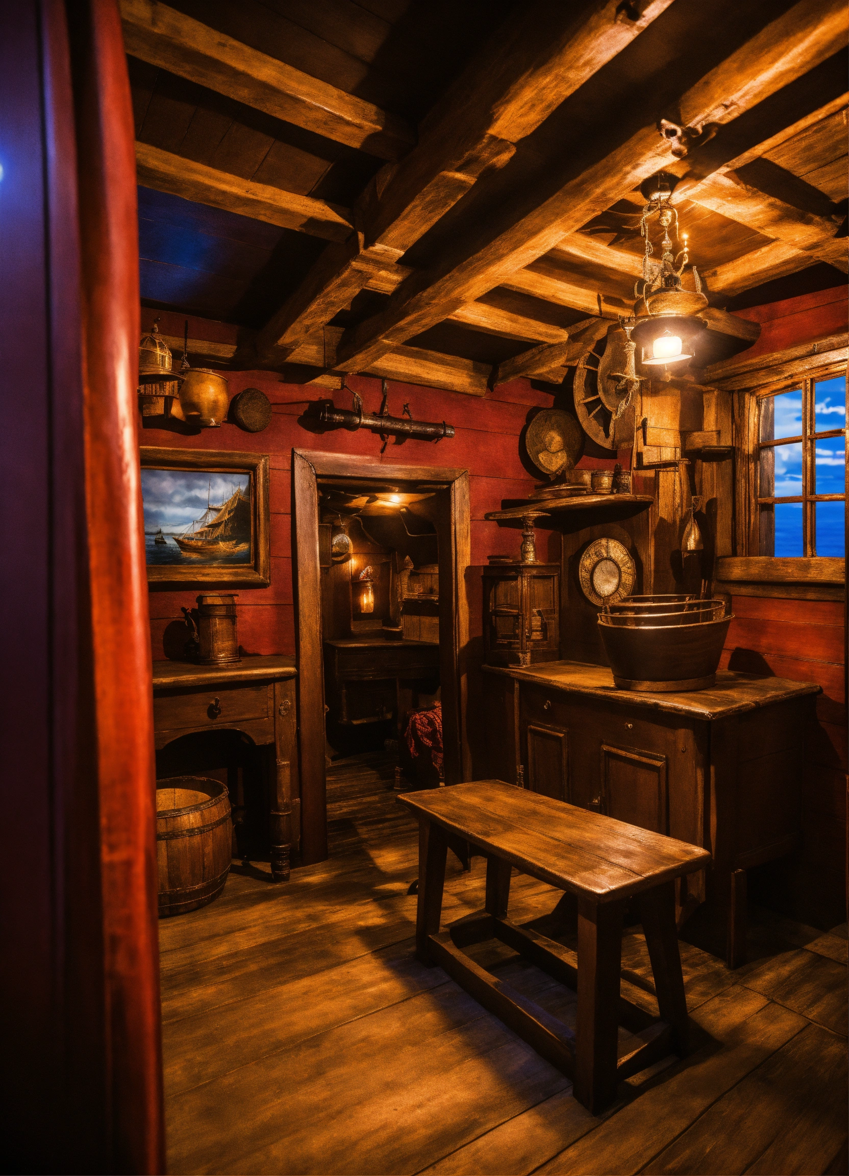 Lexica - Realistic photo of an escape room in a pirate boat