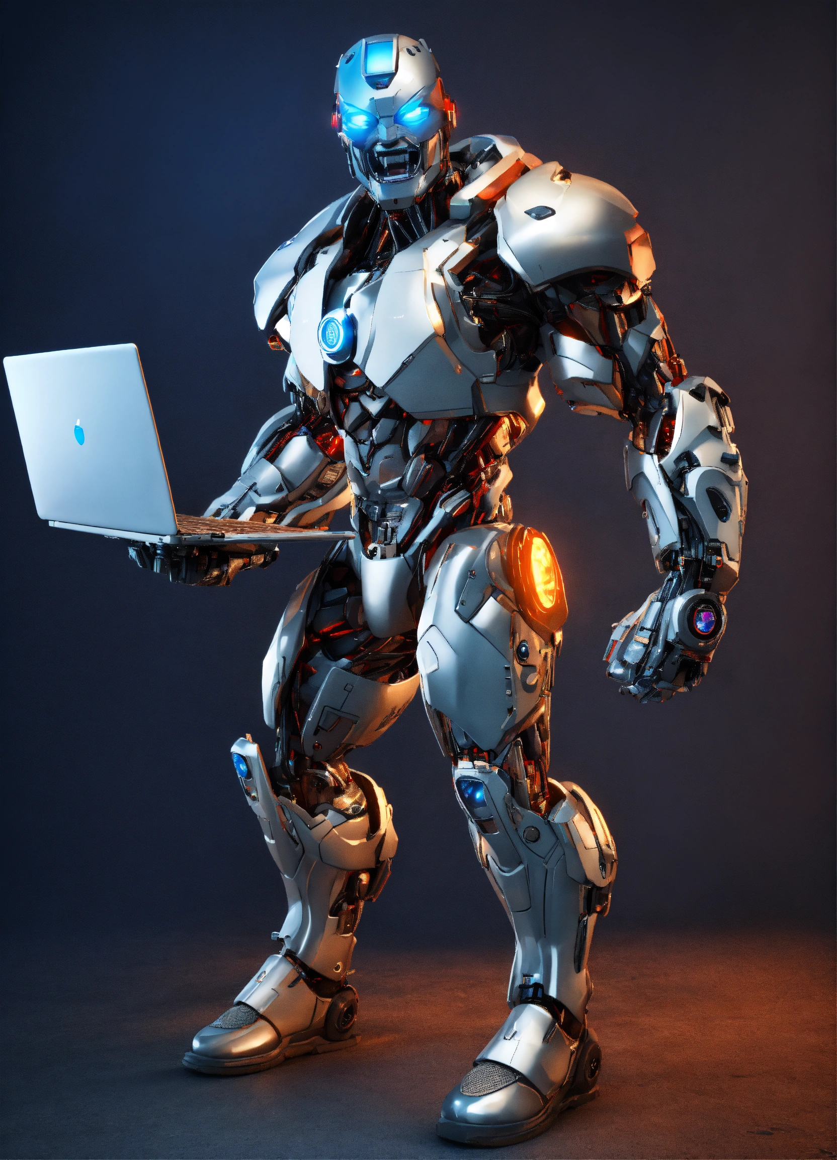 Lexica - Cyborg, mascot, 3d, full body, hold laptop, screaming