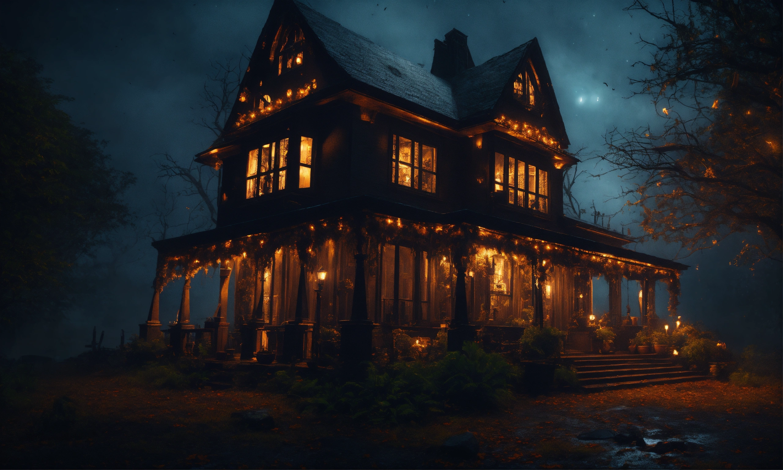 Lexica - Spooky dark modern home at night; decorated in halloween ...