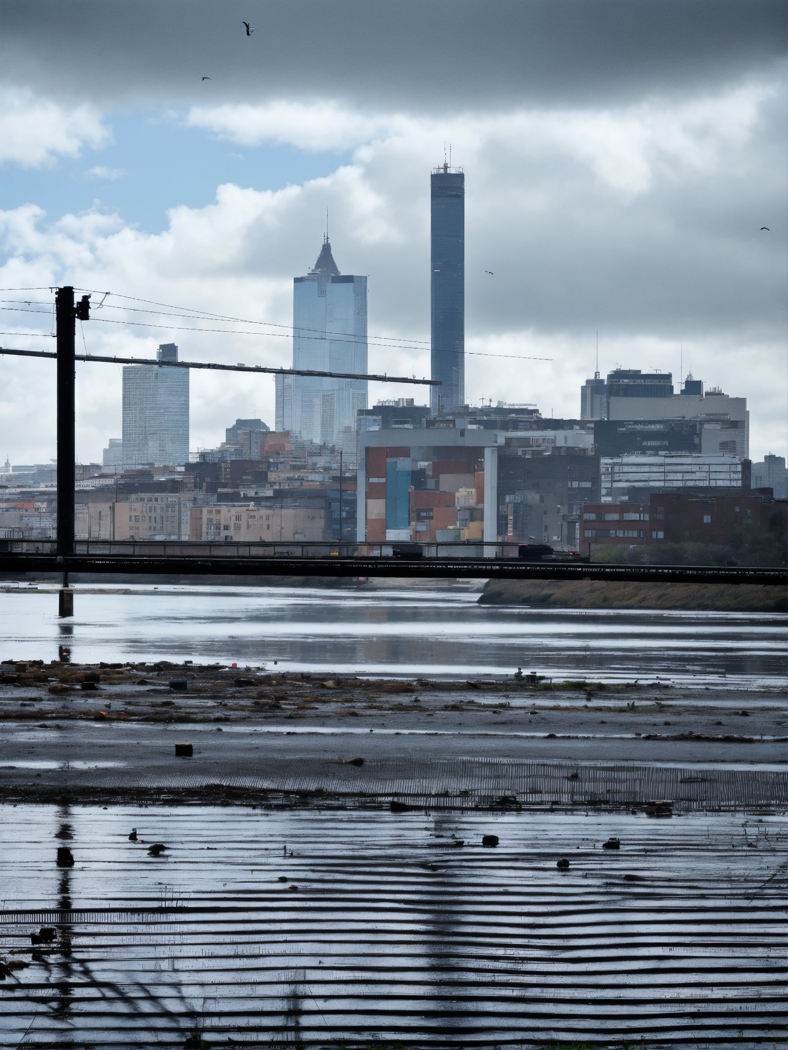 Lexica - Cityscape from a riverbank, gritty urban
