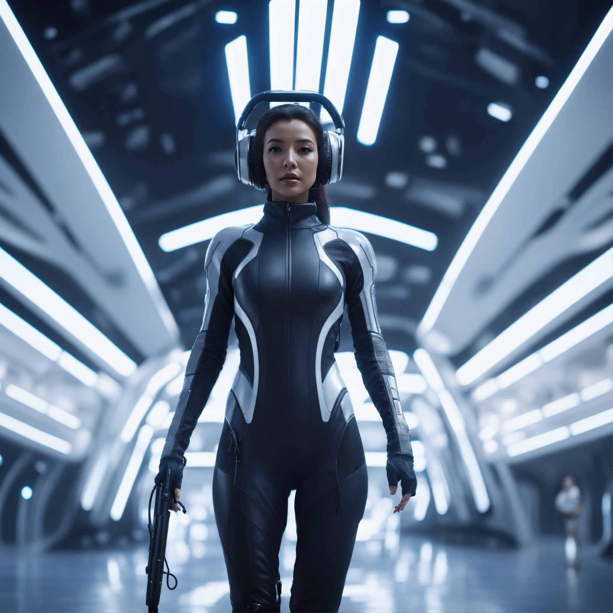 Lexica - Wide shot of a female super spy wearing a tight futuristic spy ...