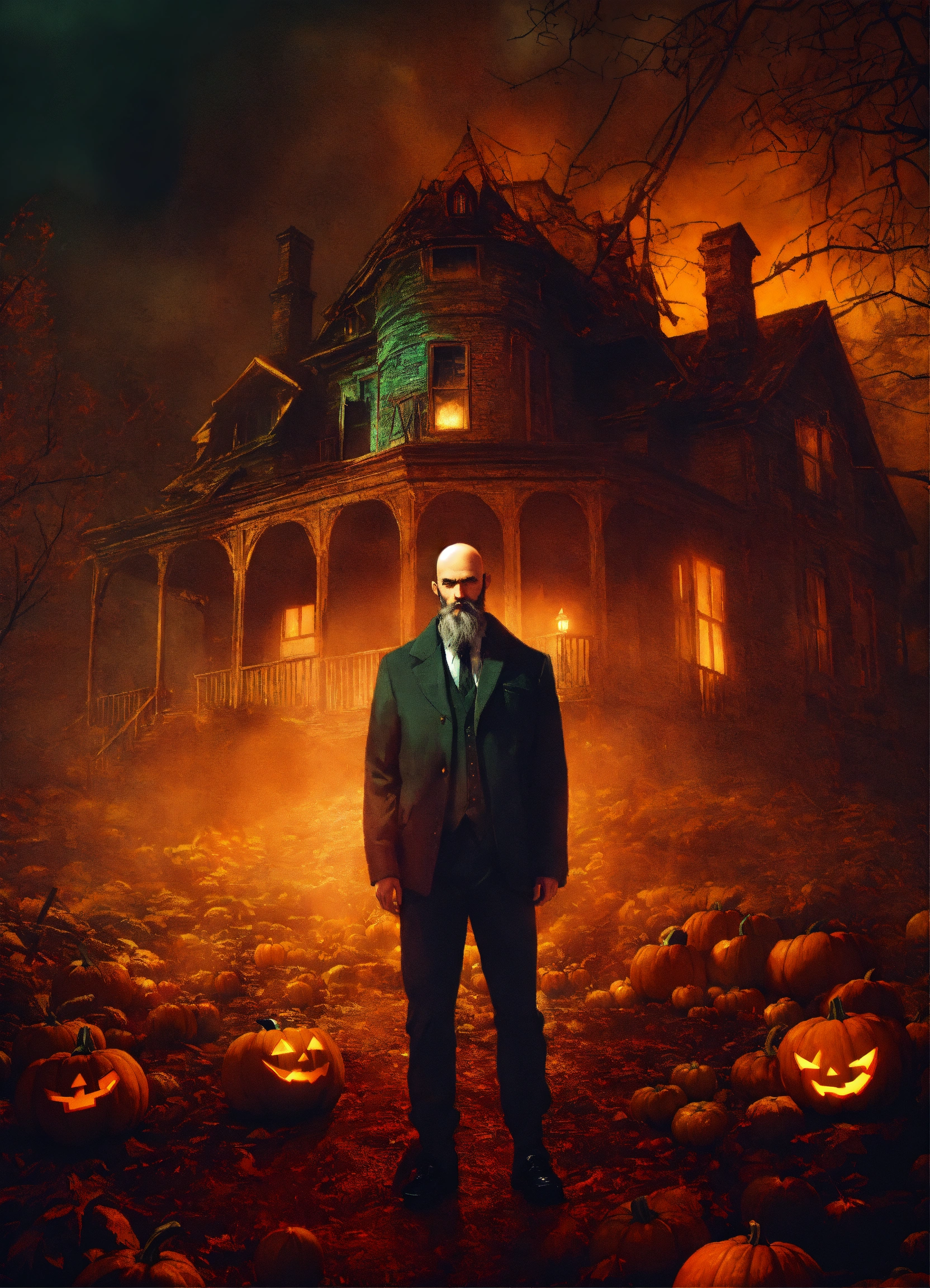 Lexica - Bald man with beard Haunted house during Halloween at night ...