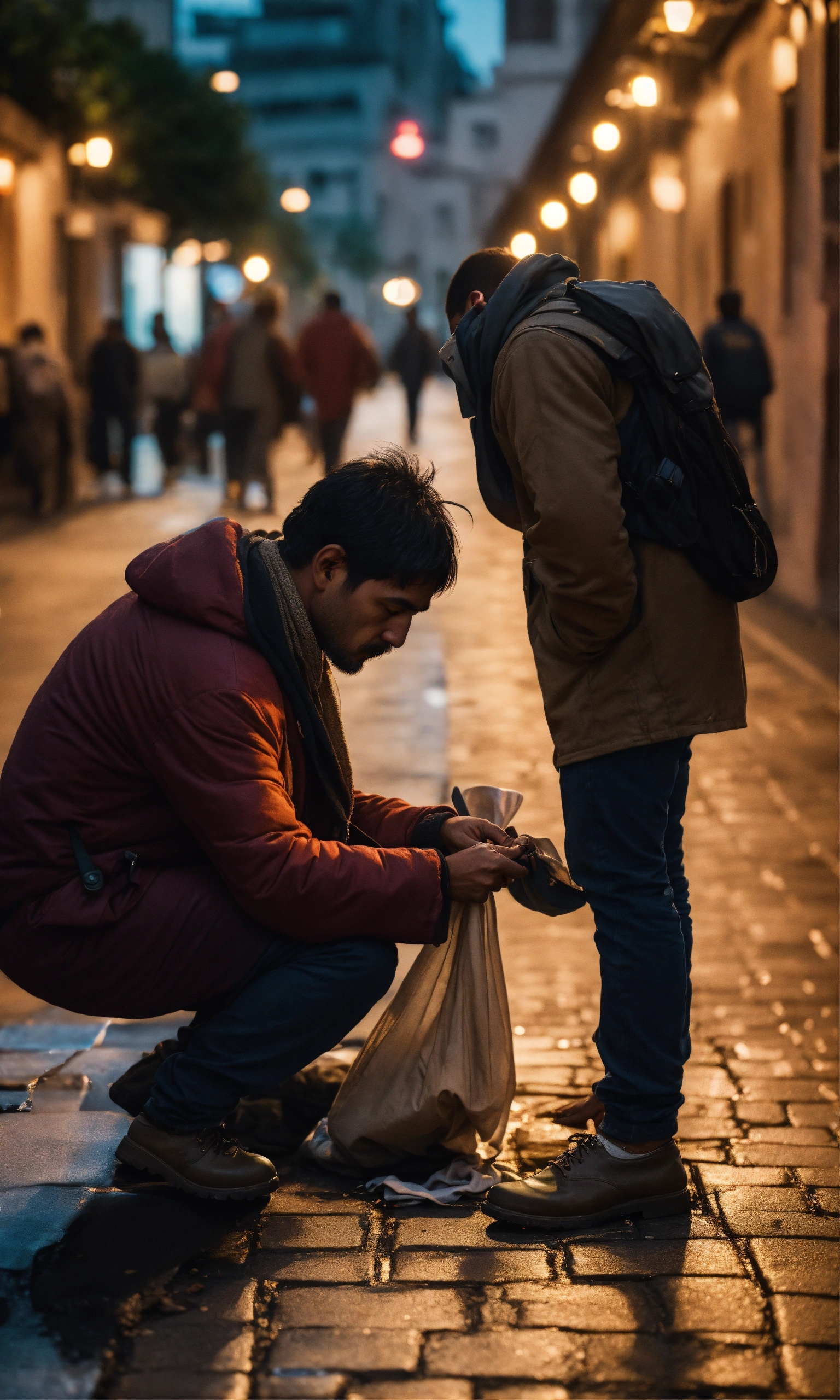 Lexica - A man helping a poor beggar in the street, surreal photo ...