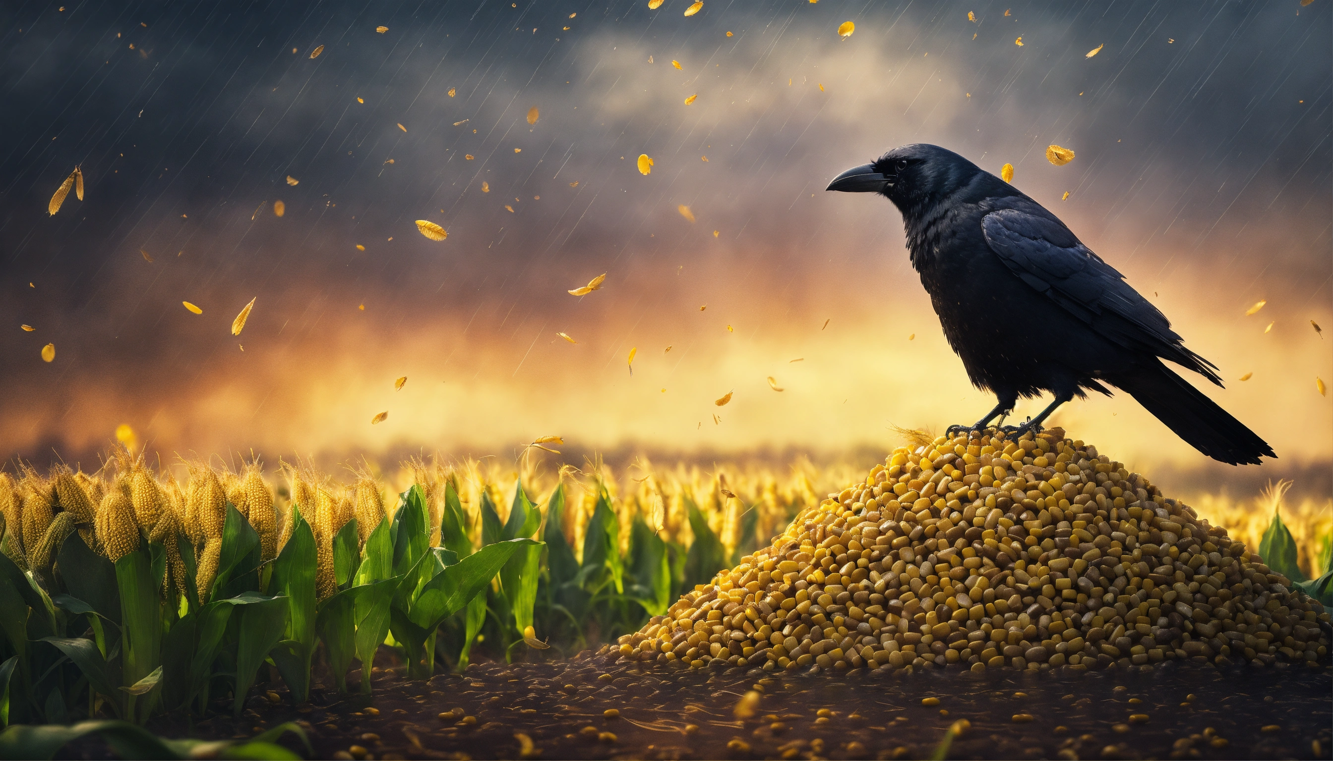 Lexica - "crow is sitting on pile of corn seeds in heavy rainfall in ...
