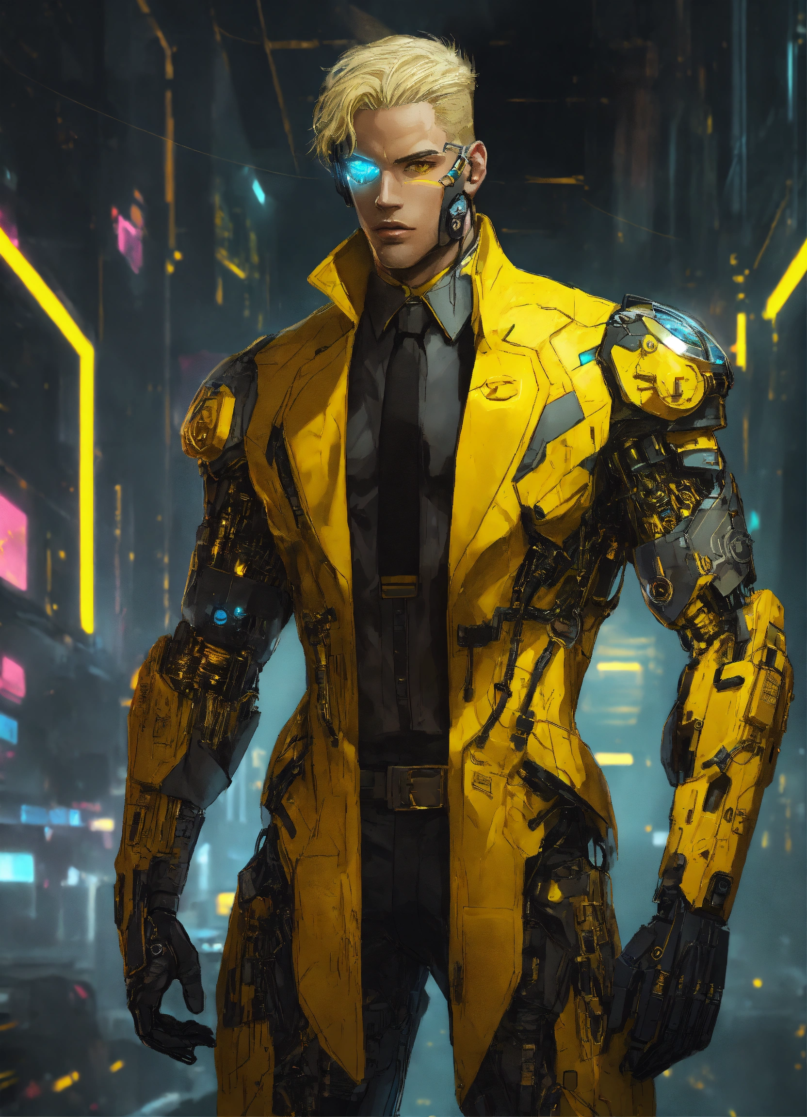 Lexica - Pale dirty-blonde muscular cyberpunk cyborg man with yellow ...