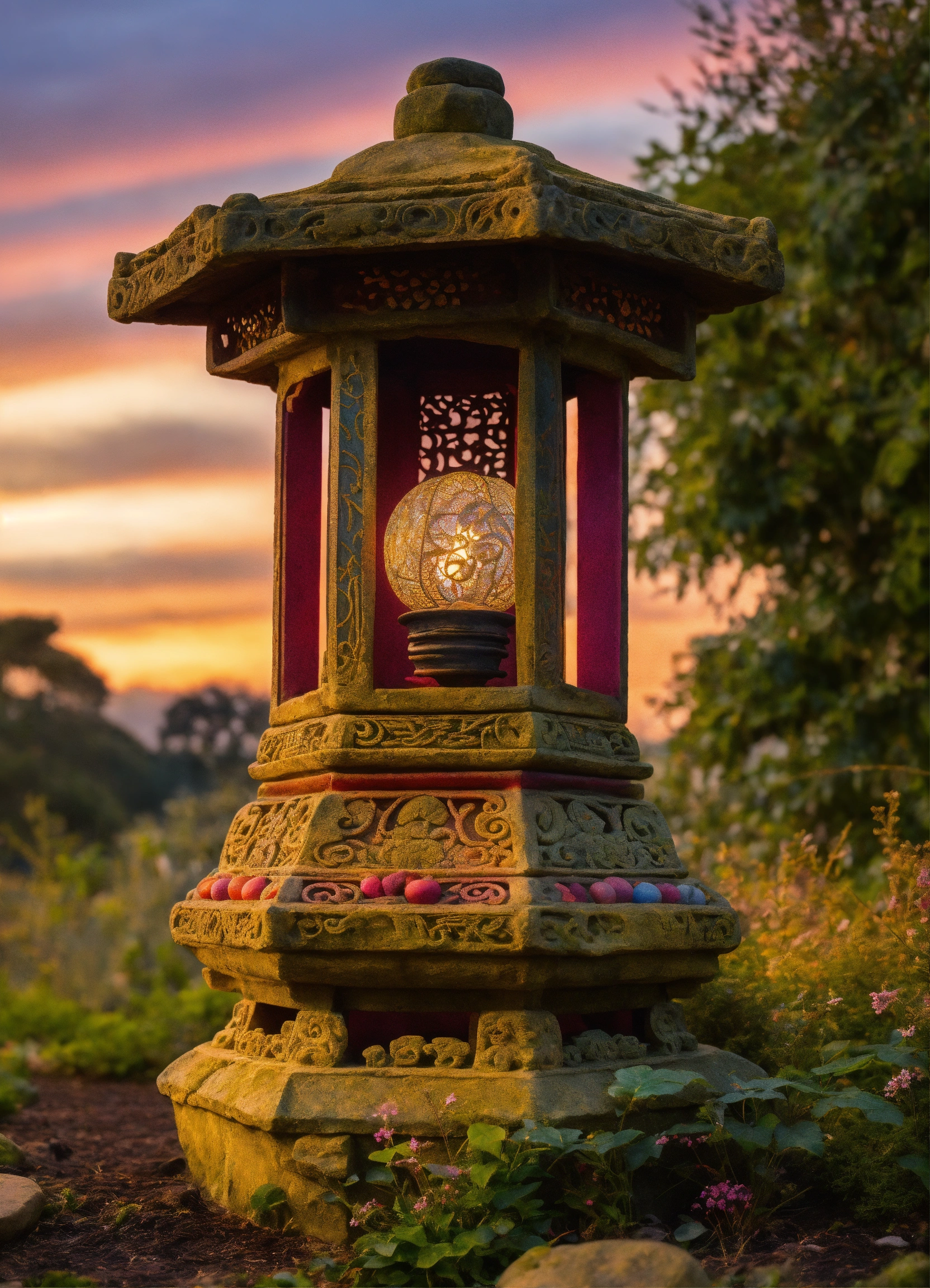 Lexica - An ancient lsd stone lantern garden ornament style of alex grey.