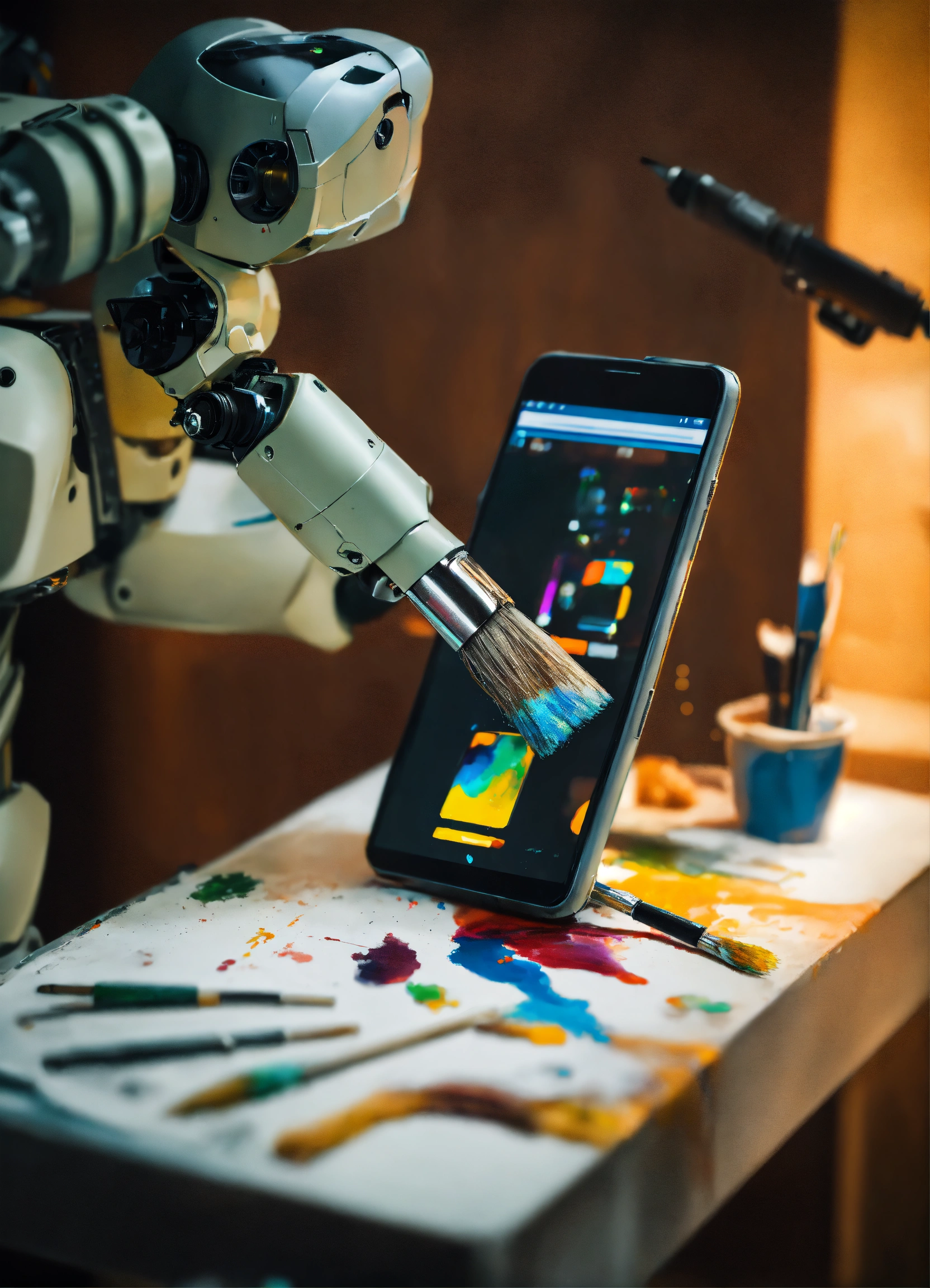 Lexica - Robot arm holding a technological paintbrush editing ...