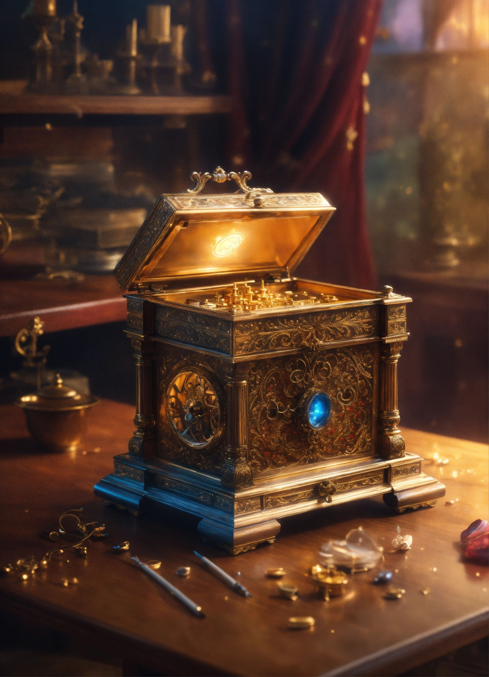 Lexica - Ominous music box on table, mystical, realistic photo, high ...