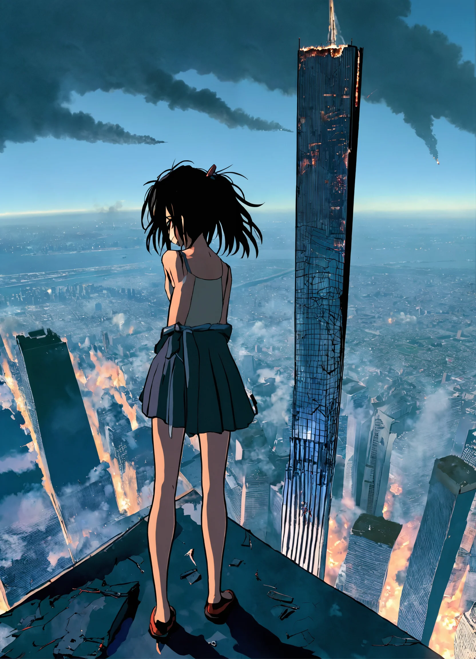 Lexica - An anime girl standing on top of the world trade centre north ...