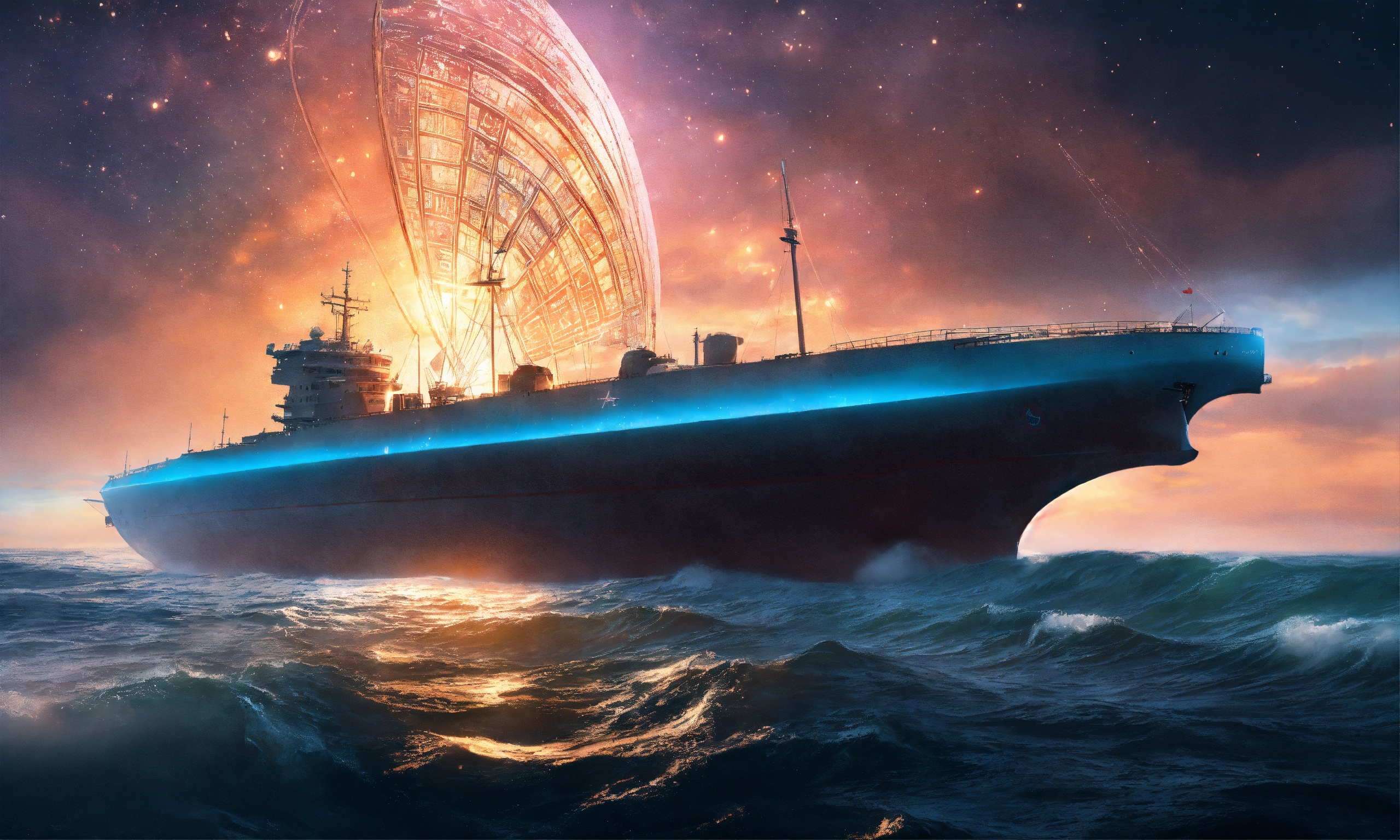 Lexica - Ship in brave sea disappearing into an interdimensional stargate