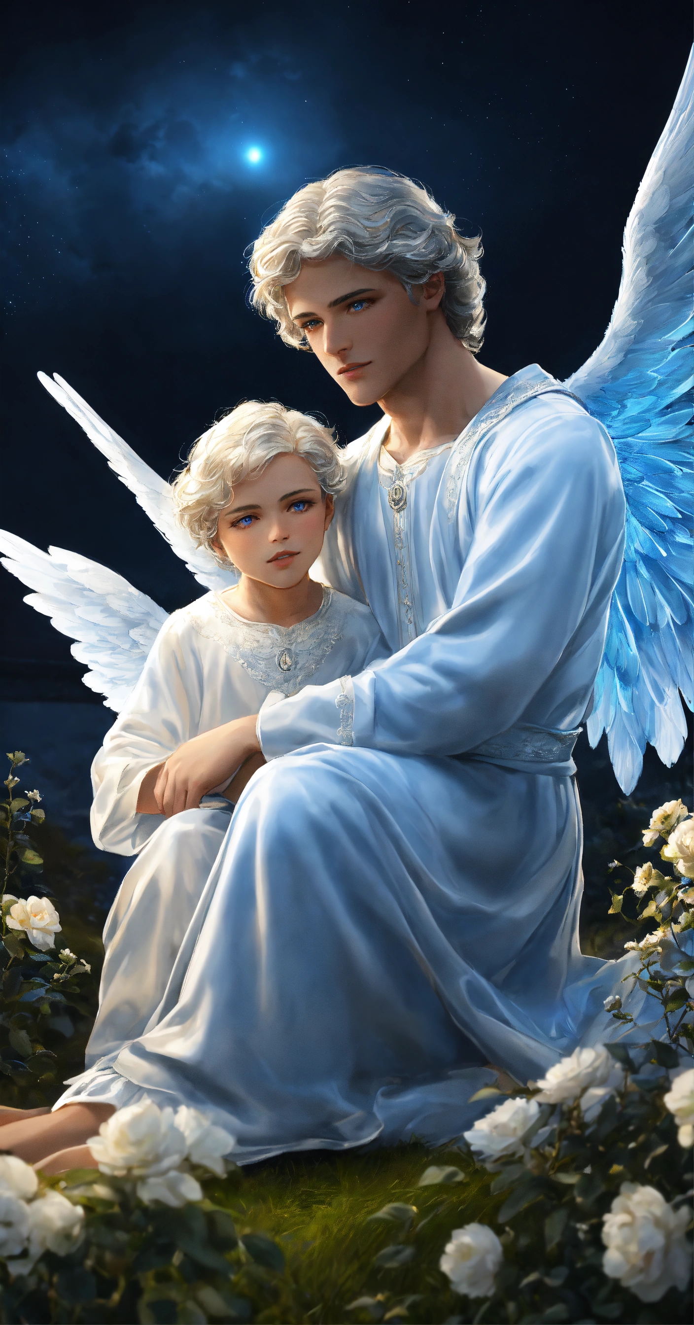 Lexica - 2 male guardian angels with detailed and luminous blue angel wings. 1 30-year-old male ...
