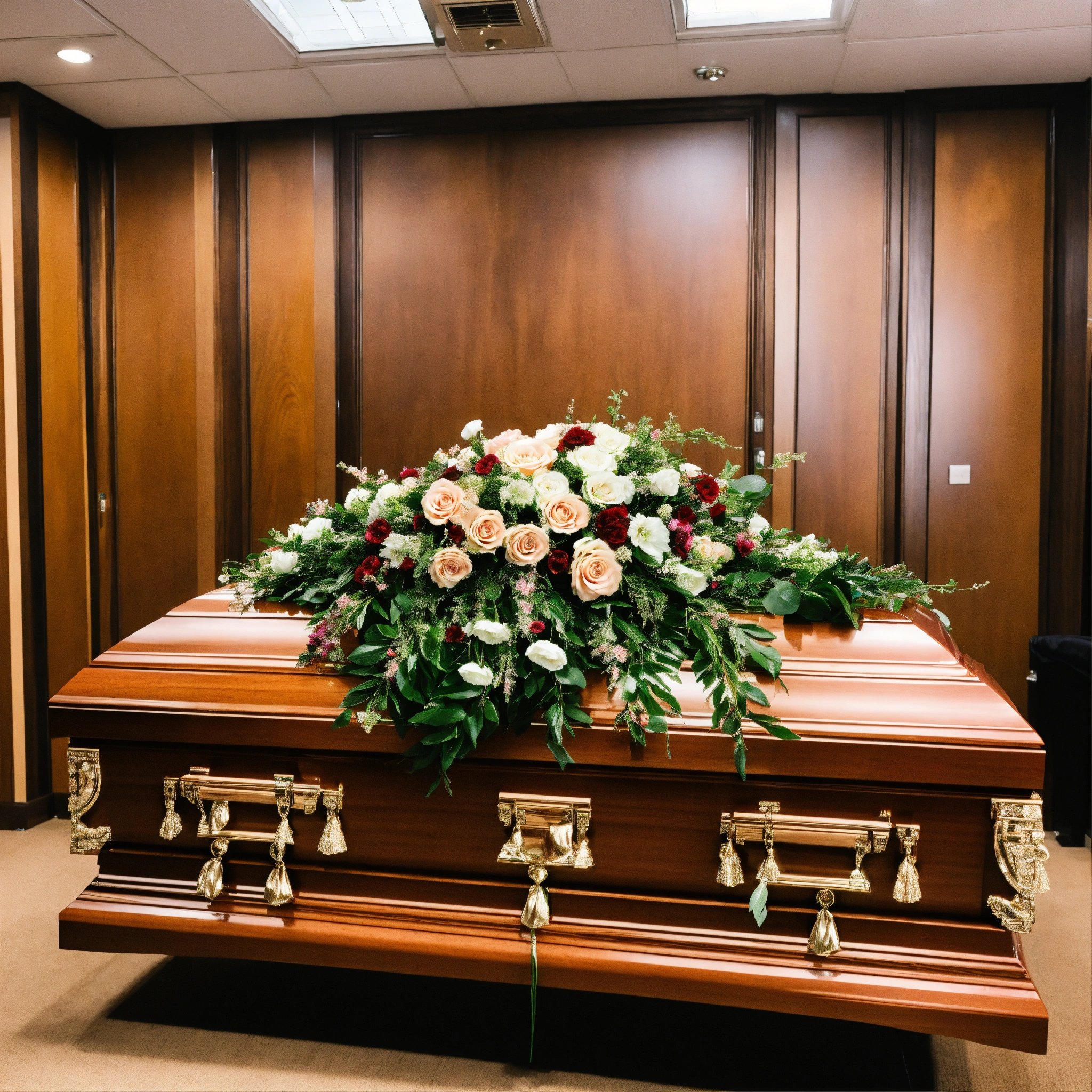 Lexica - A photo of a casket in a funeral home. The casket is open and ...
