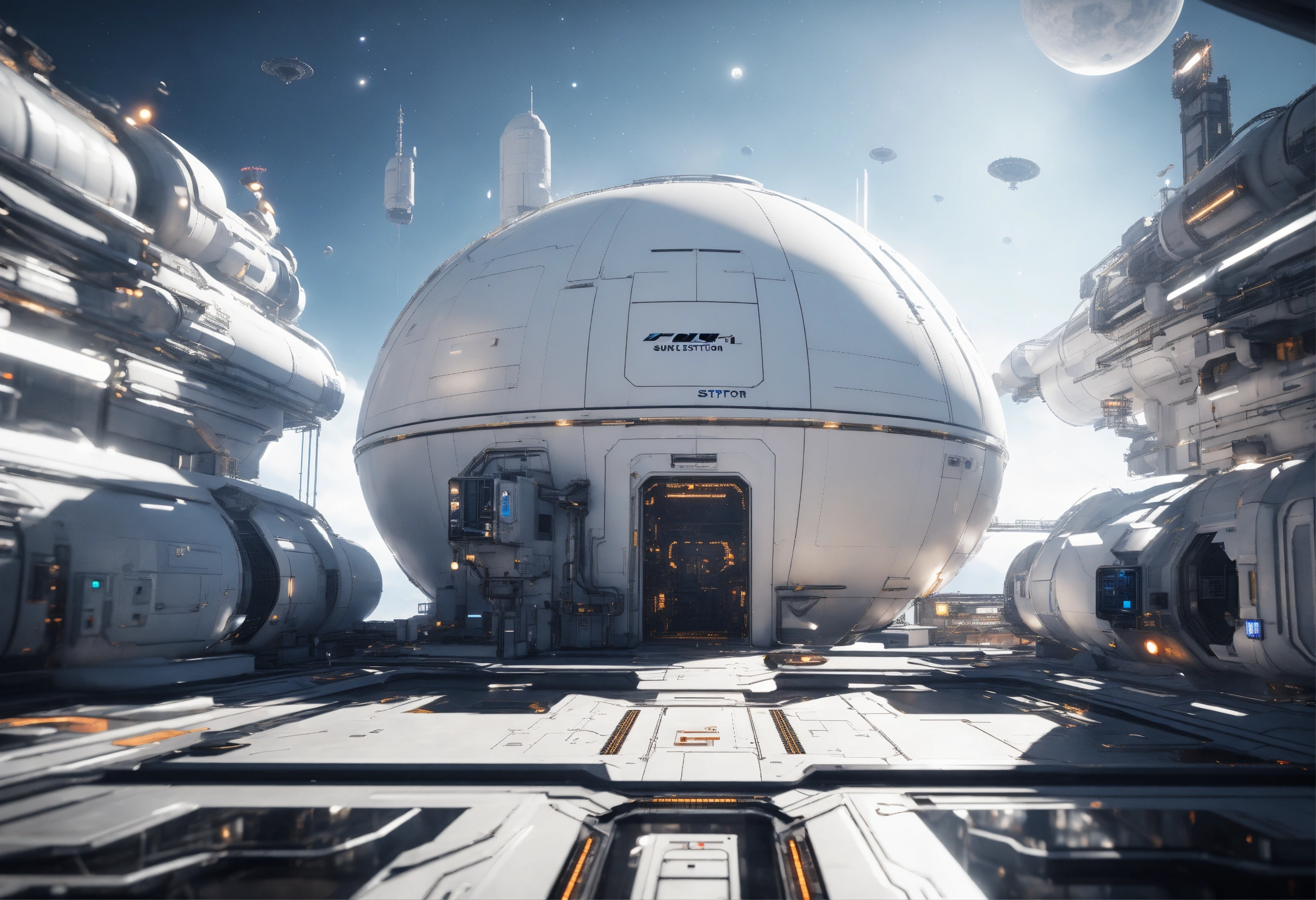 Lexica - Zoom out on a huge modern style white space station fuel port ...