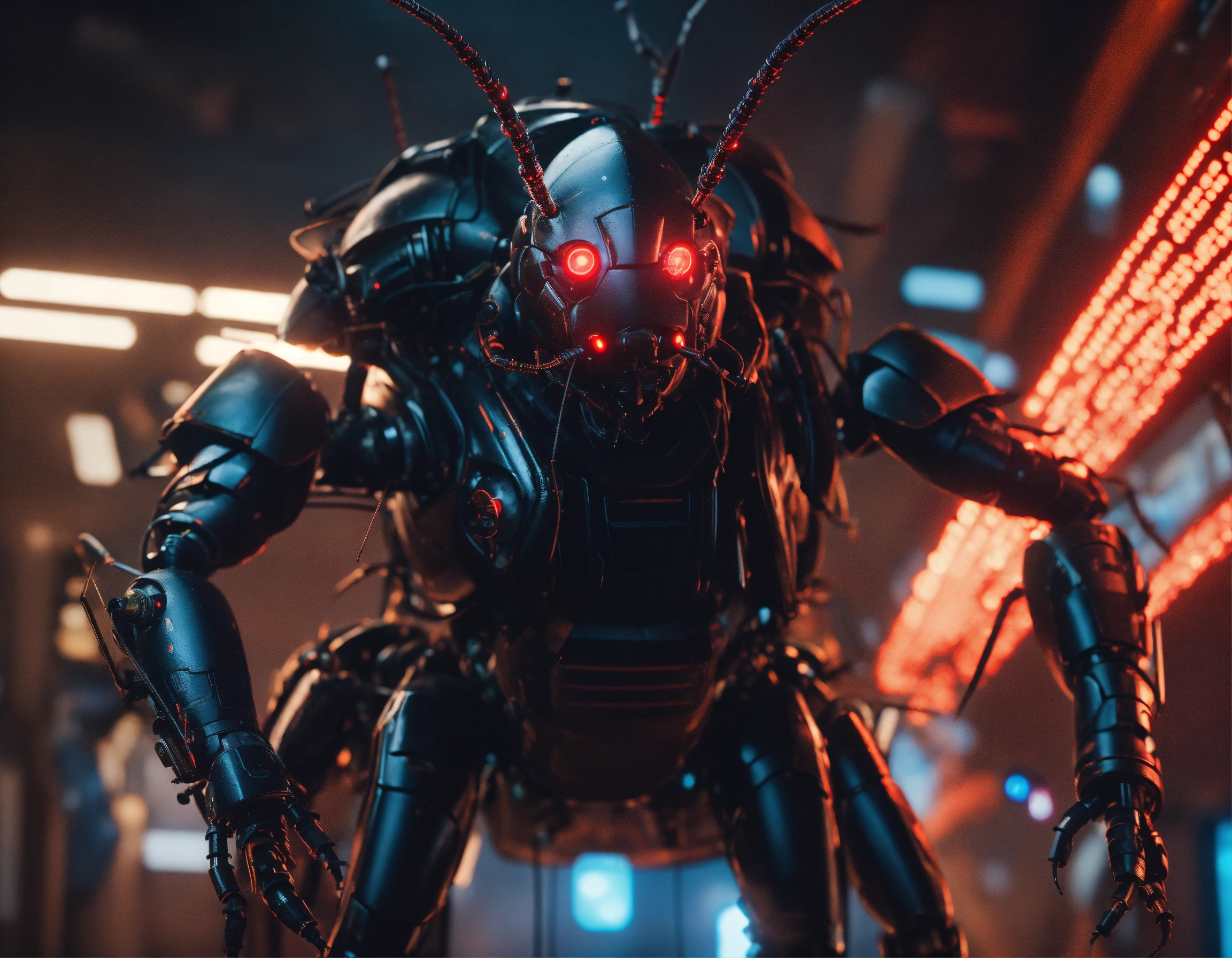 Lexica - Zoom out shot of fierce black cockroach faced standing ...