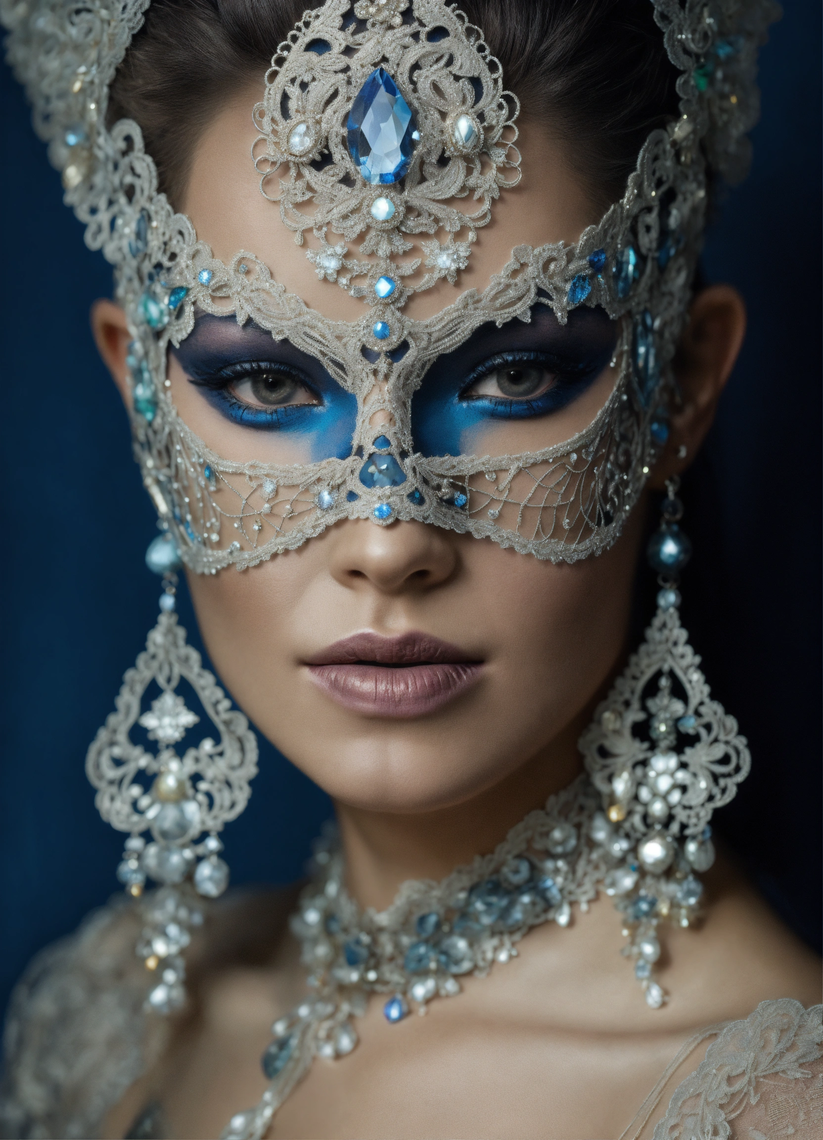 Lexica - A woman wearing luxurious silver tatted lace mask decorated ...