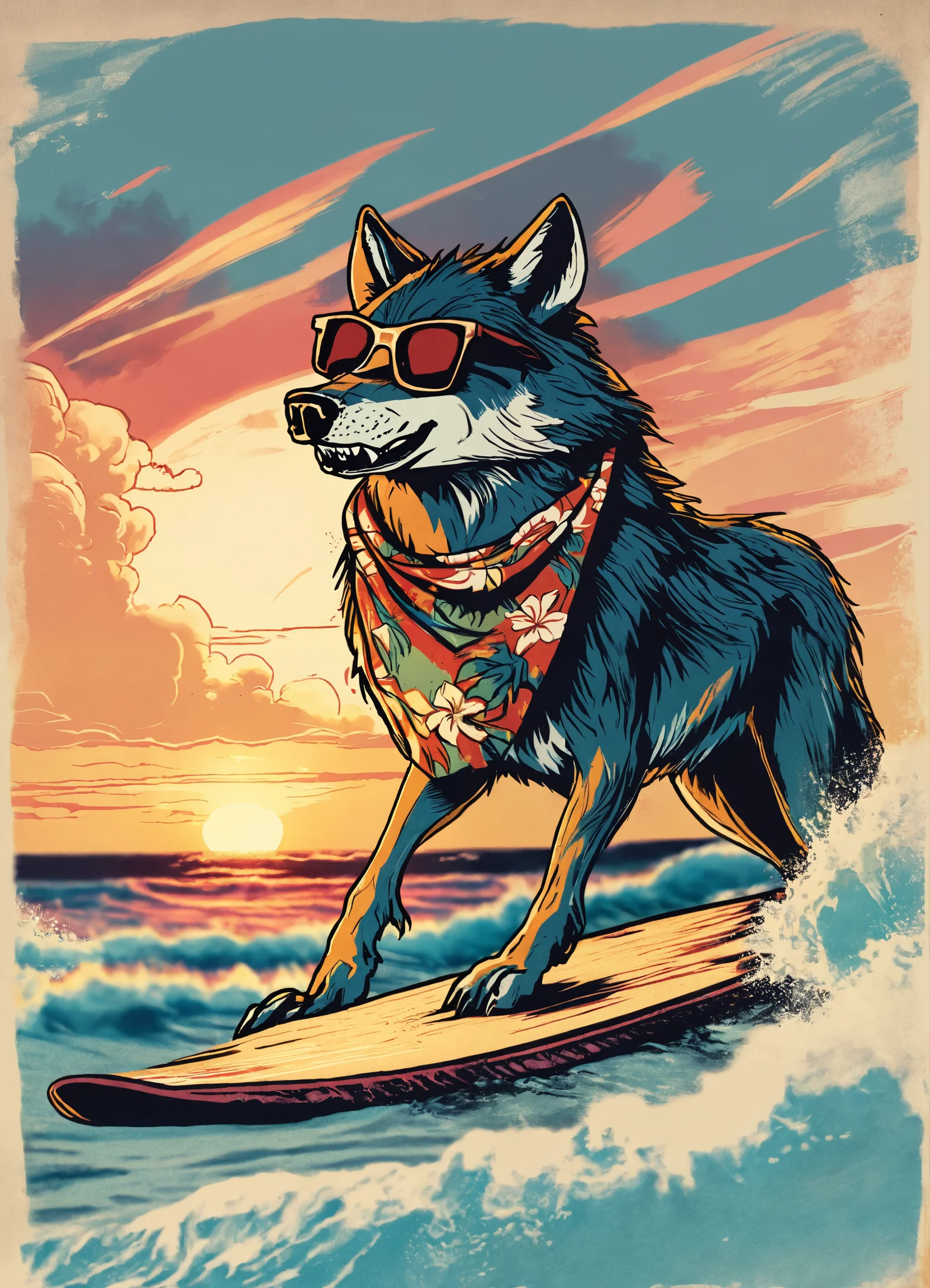 Lexica - A wolf surfing on a beach in Hawaii, at sunset. The wolf is ...