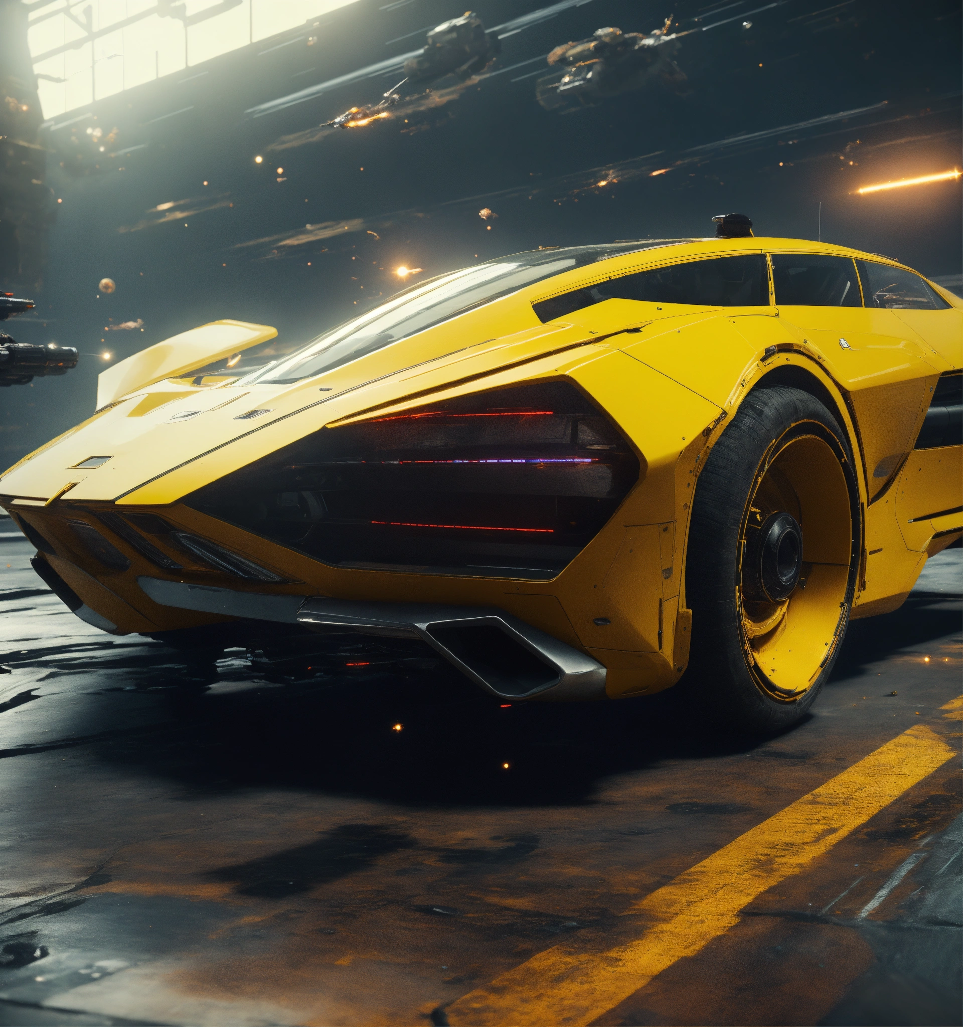 Lexica - Sleek flying yellow beat up futuristic clunker car shooting ...