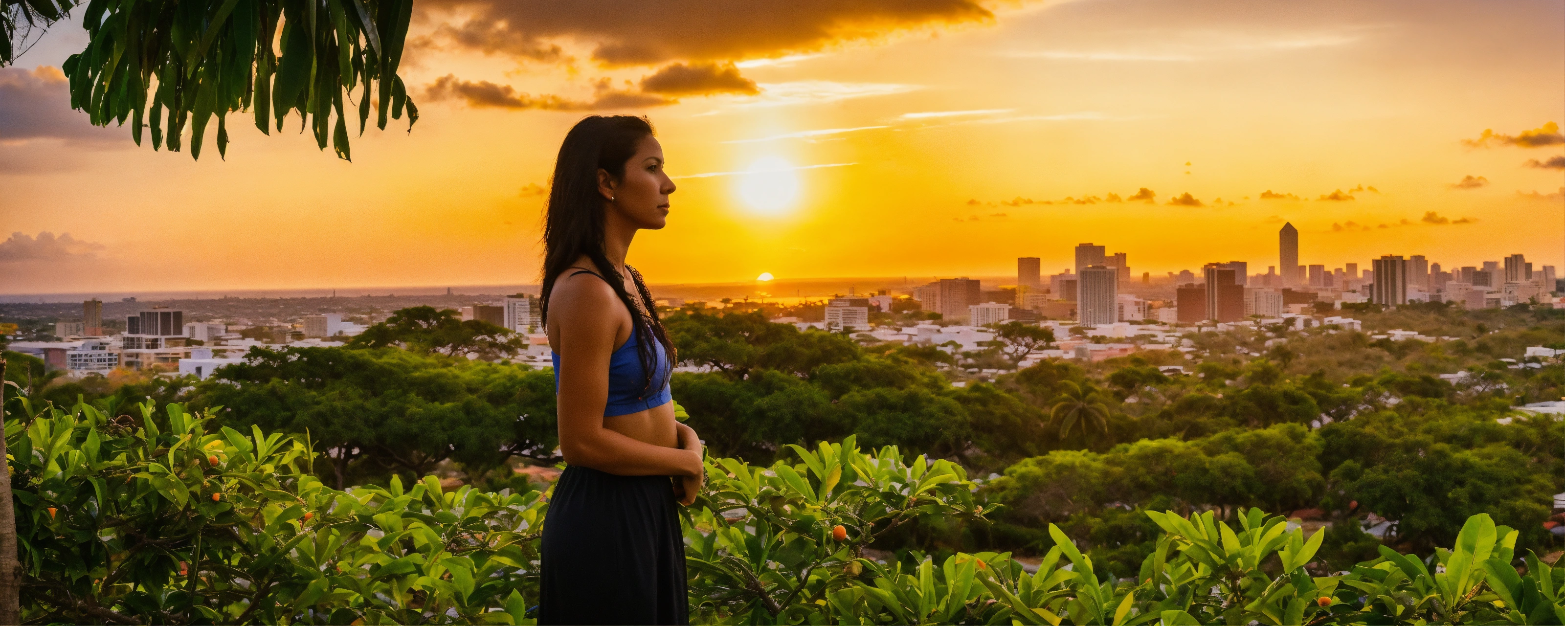 Lexica - A Puerto Rican woman standing by a mango tree. Behind her is a ...